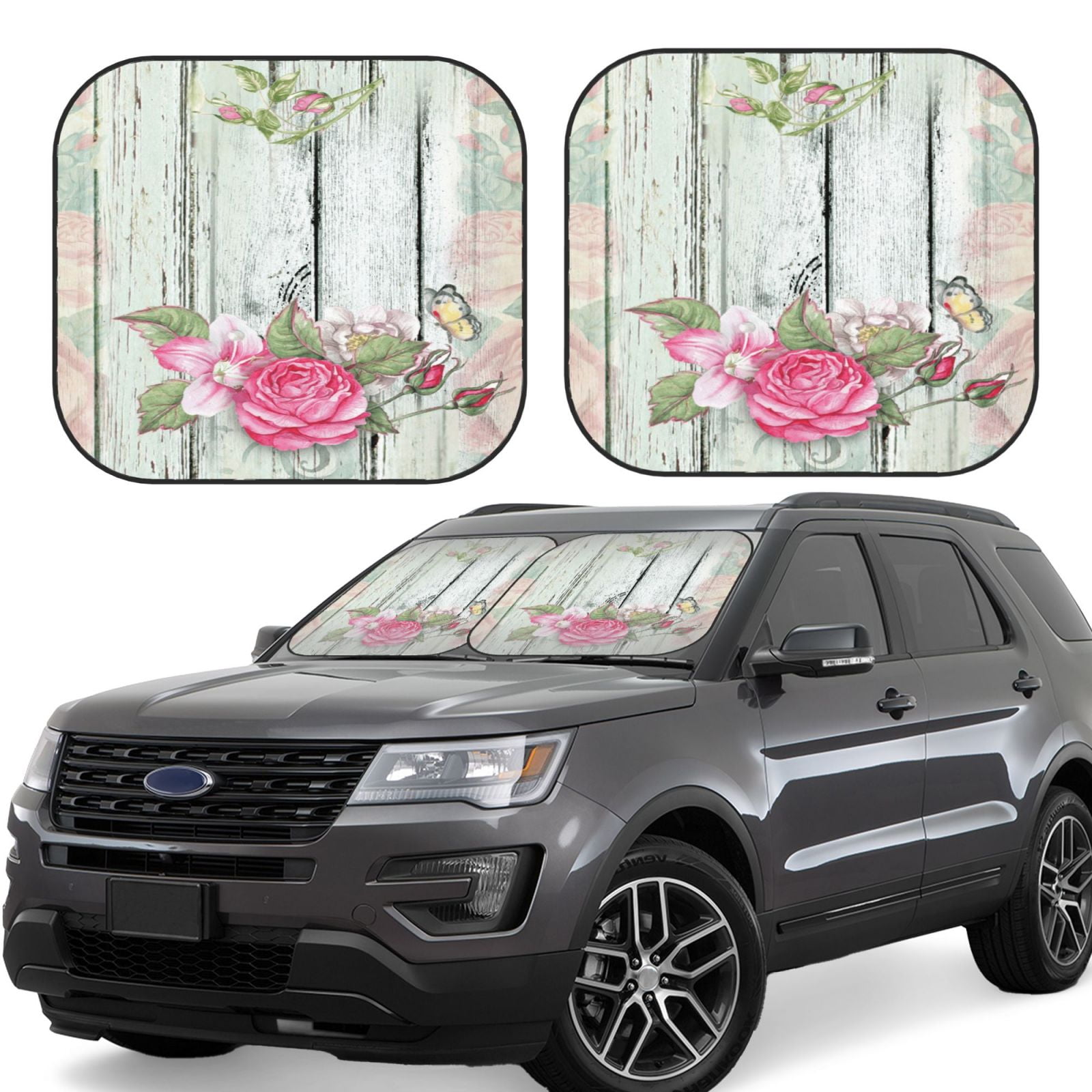 Honeii Vintage Wood with Floral Print Foldable Car Sun Shade for ...