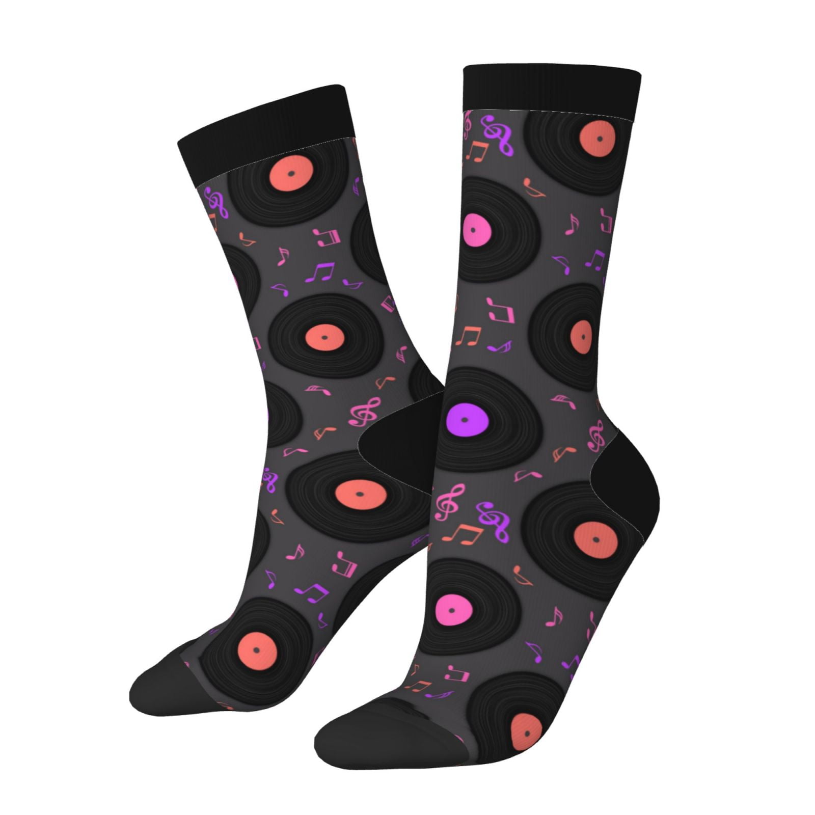 Honeii Vinyl Records Musical Notes Print Adult Socks,Crew Socks,Casual ...