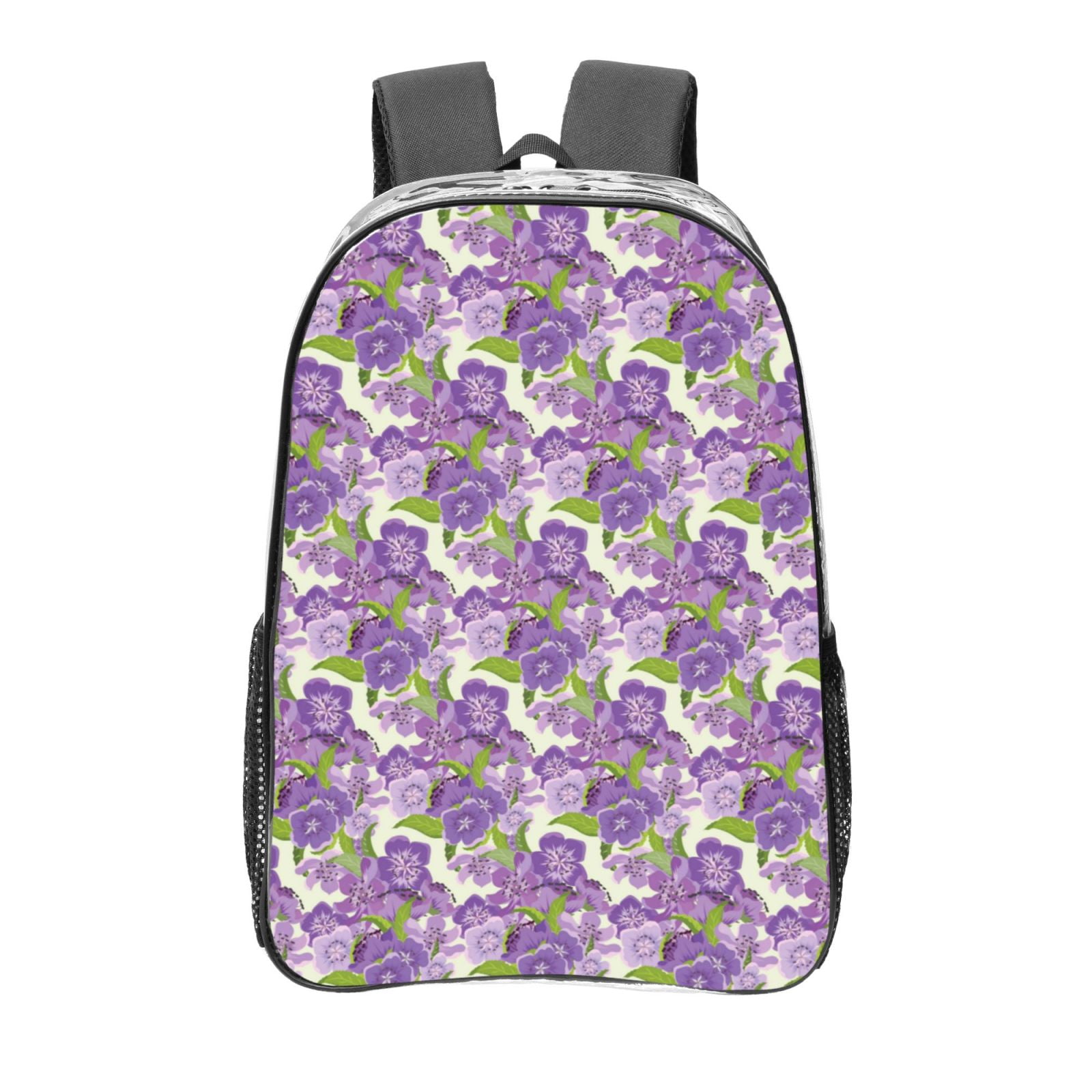 Honeii Violets Flowers Print Clear Backpack Heavy Duty Transparent Bag 17" See Through BookBag ...