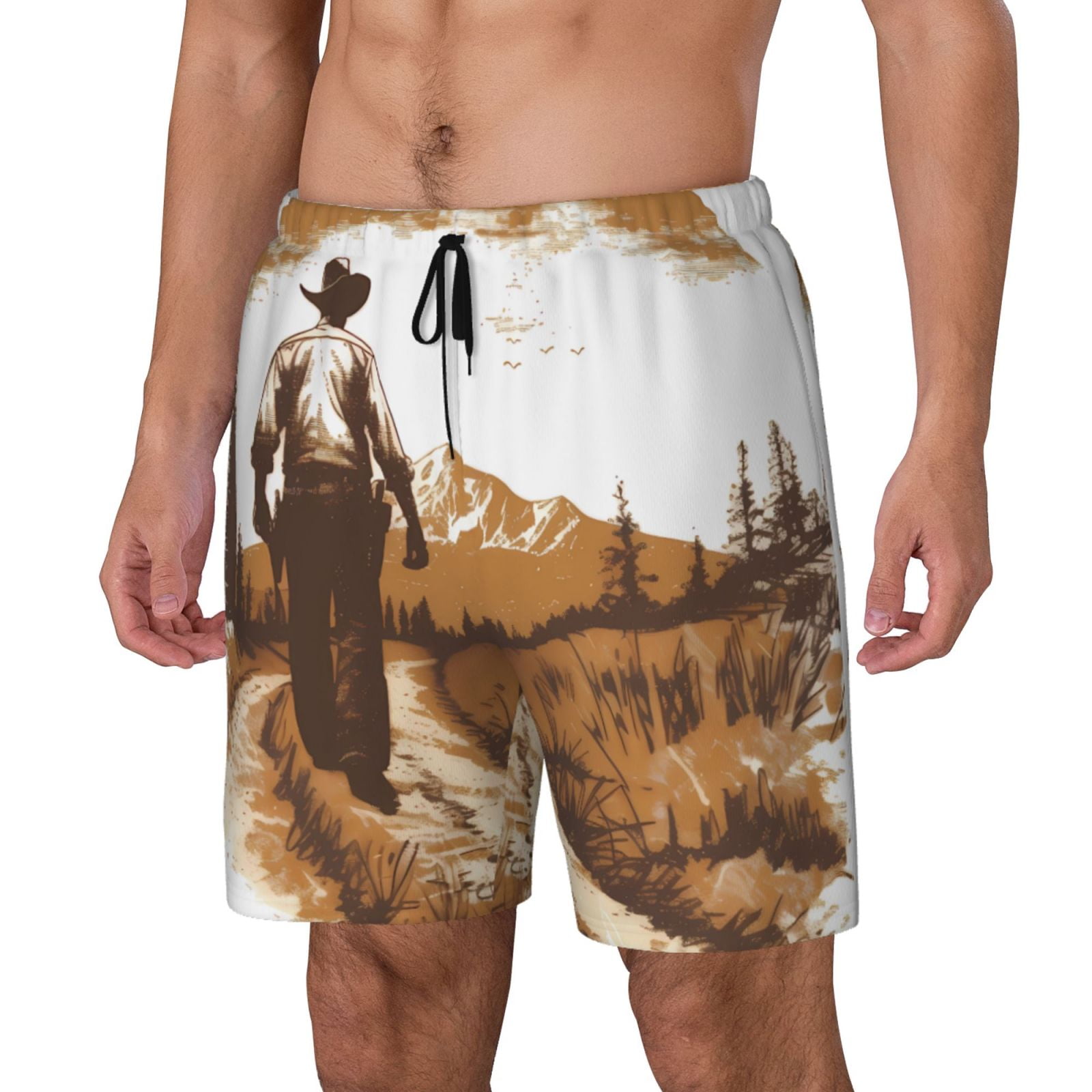 Honeii Western Cowboy Countryside Print Men's Swim Shorts,Mens Swim ...