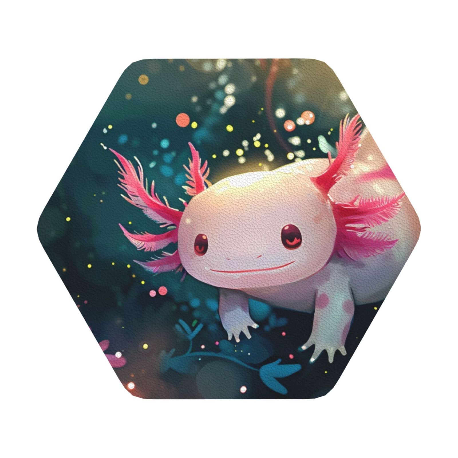 Honeii Whimsical Axolotl Fantasy Print Leather Coaster Set of 6, Ideal ...