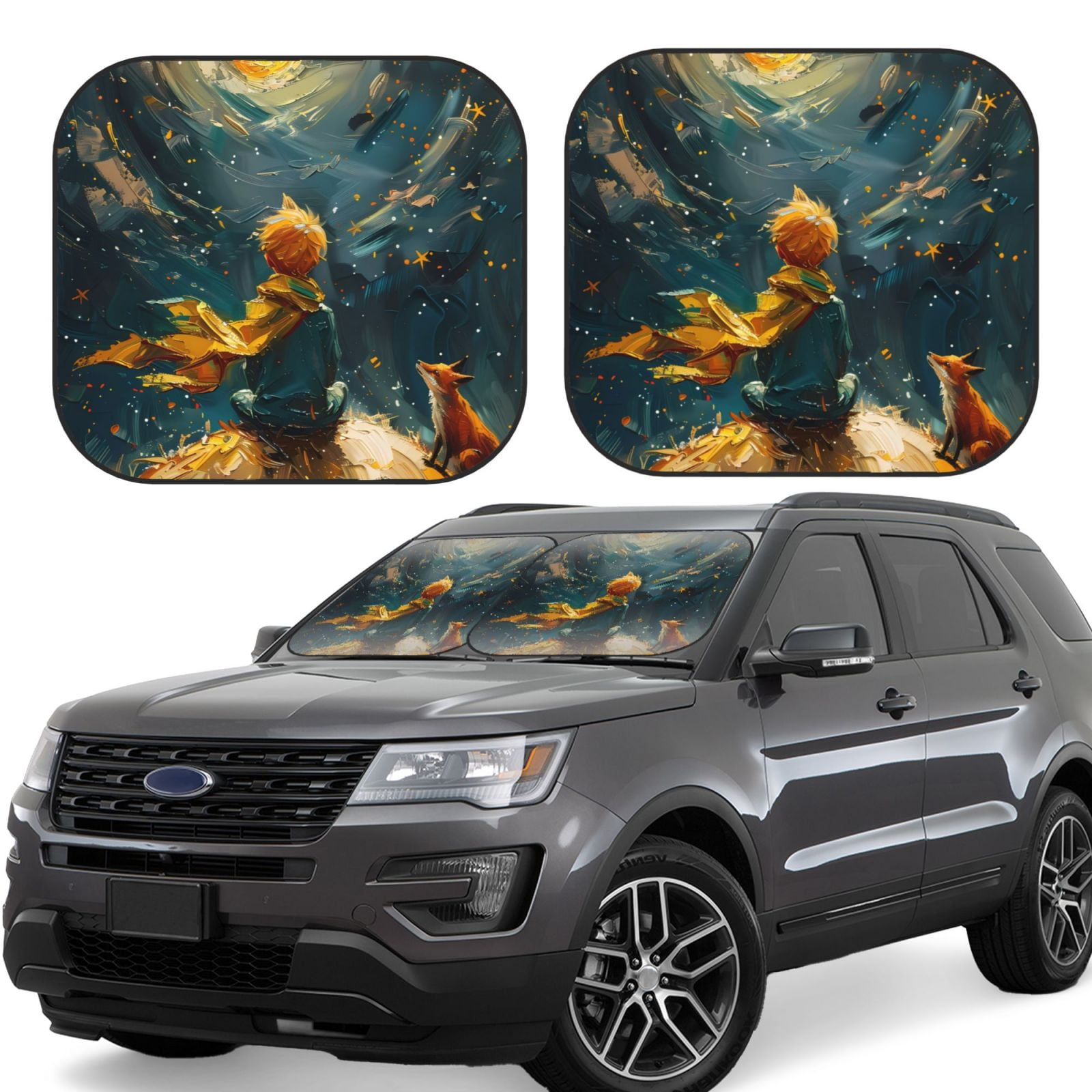 Honeii Whimsical Starry Night Scene Print Foldable Car Sun Shade for ...
