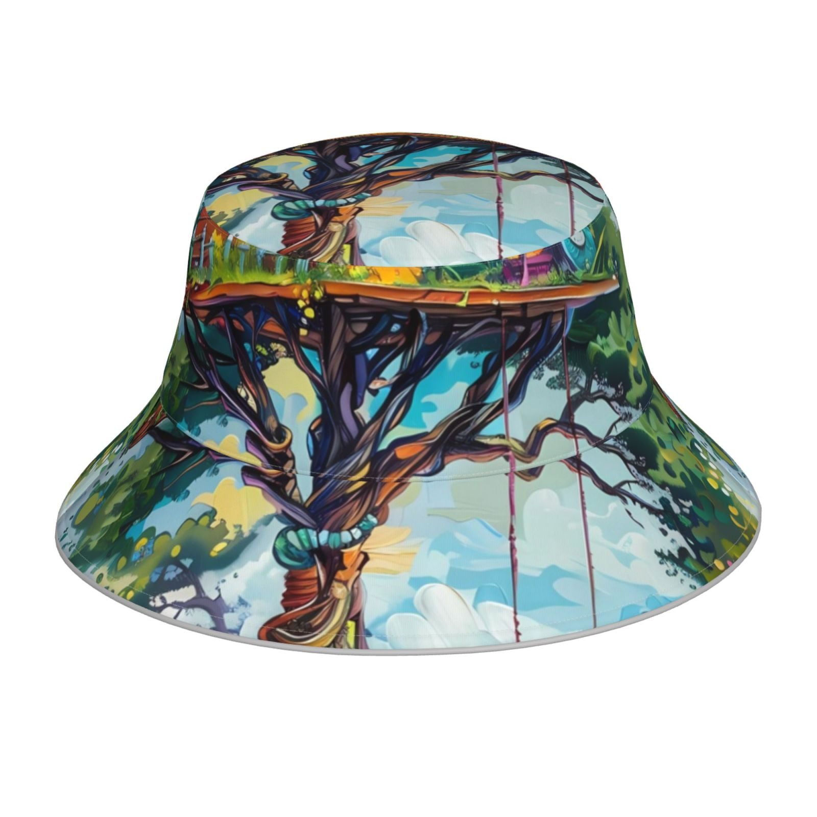 Honeii Whimsical Treehouse Painting for Unisex Bucket Hat Waterproof ...