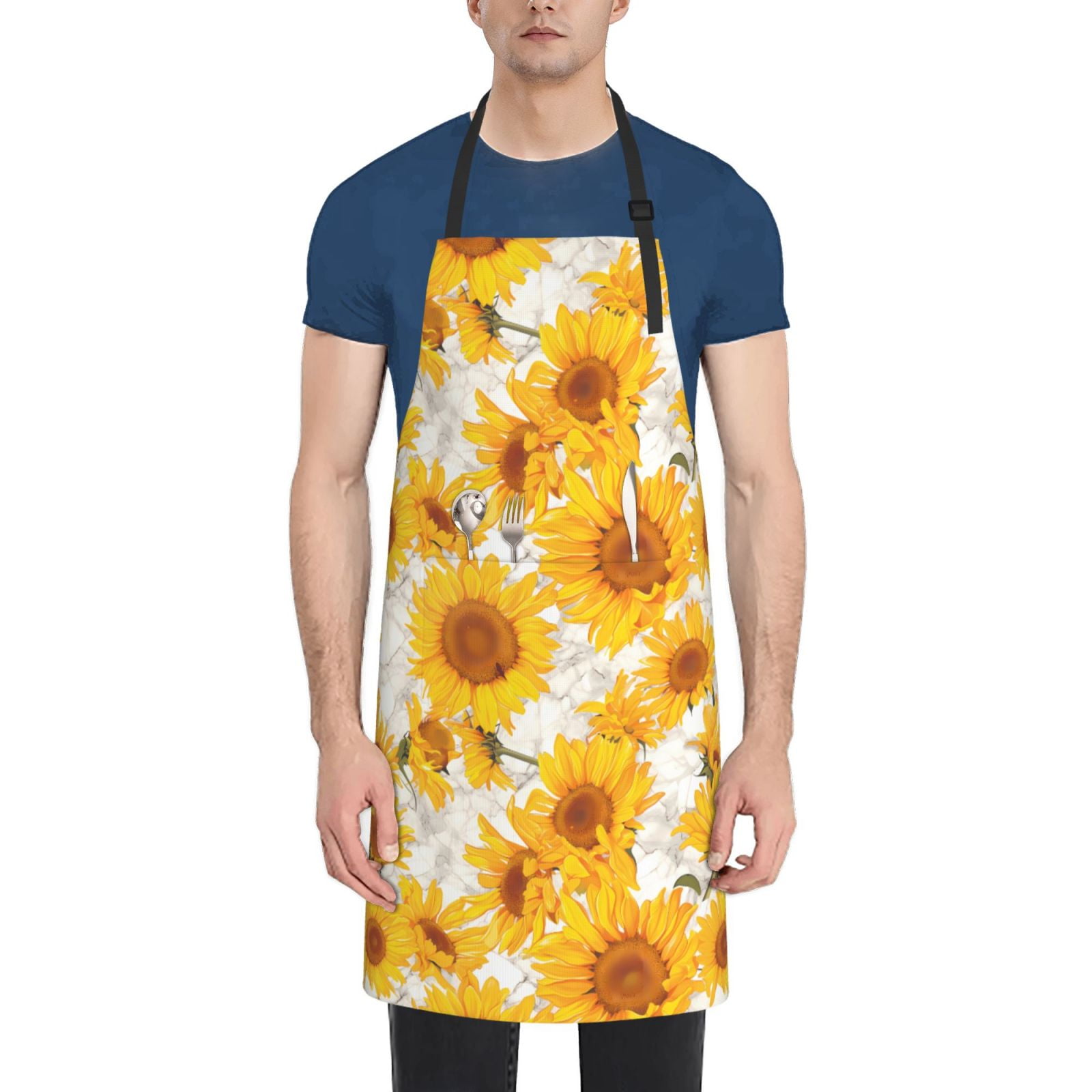 Honeii White Marble Pattern Sunflower Print Waterproof Apron ...