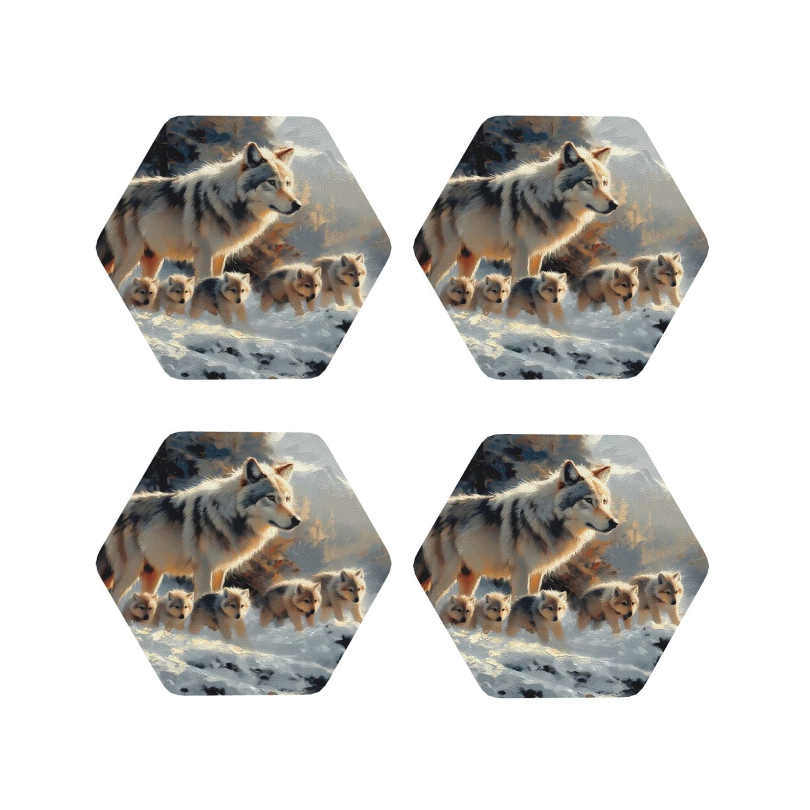 Honeii Wolf Family Winter Wonderland Print Leather Coaster Set of 4 ...