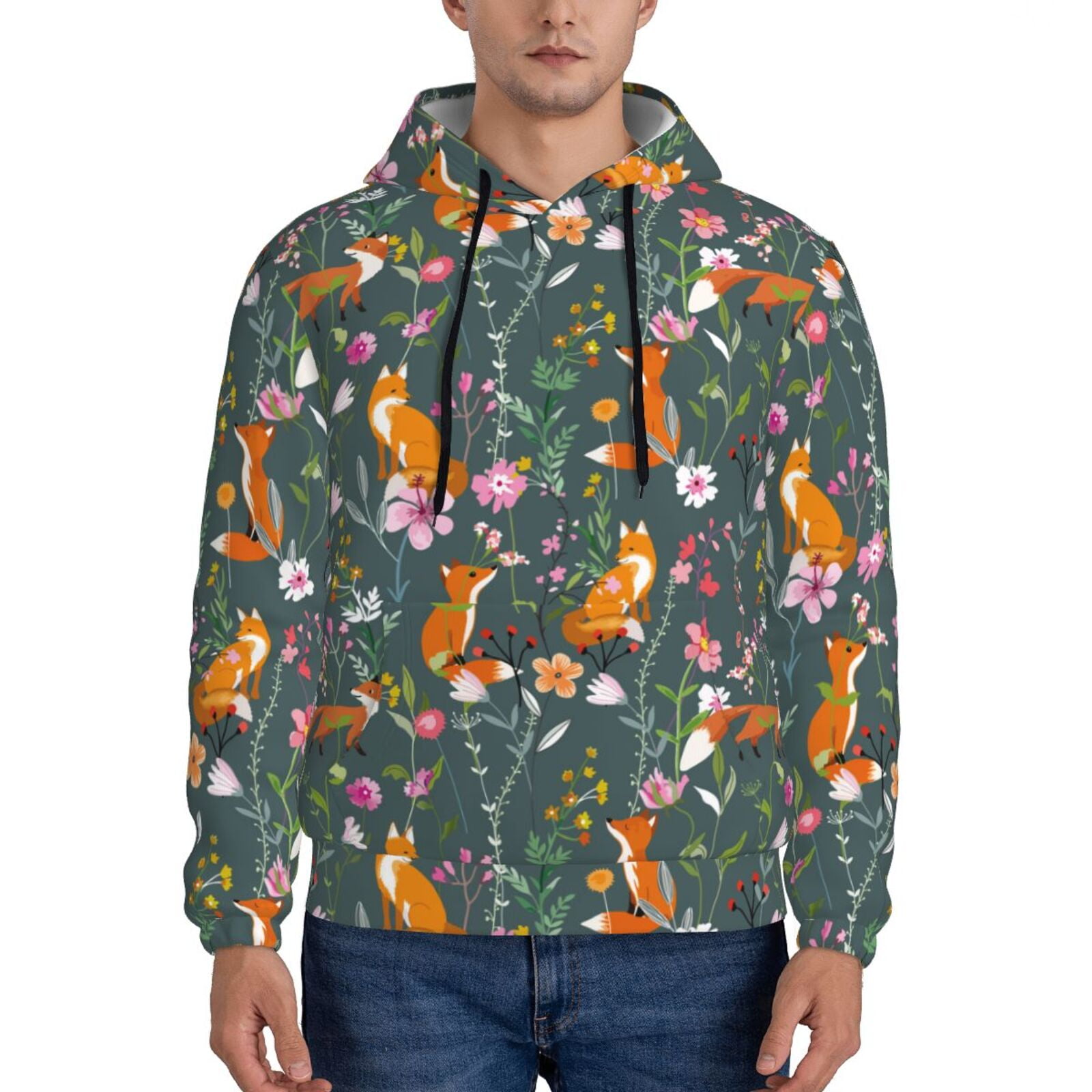 Honeii Wolf Fox In Flower Forest Pattern Mens Hoodies Men's Loose ...