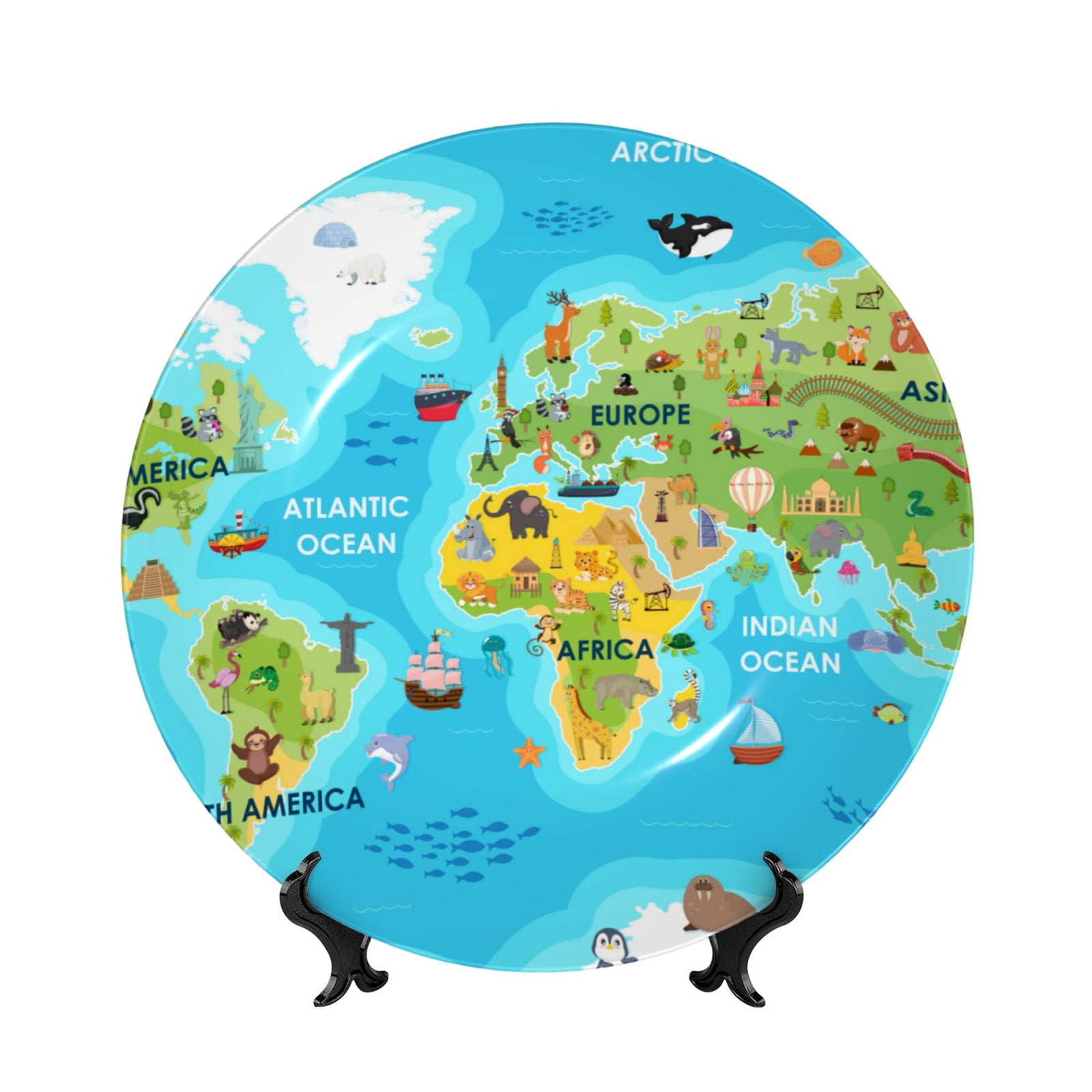 Honeii World Map With Animals Landmarks Print Elegant Bone China ...
