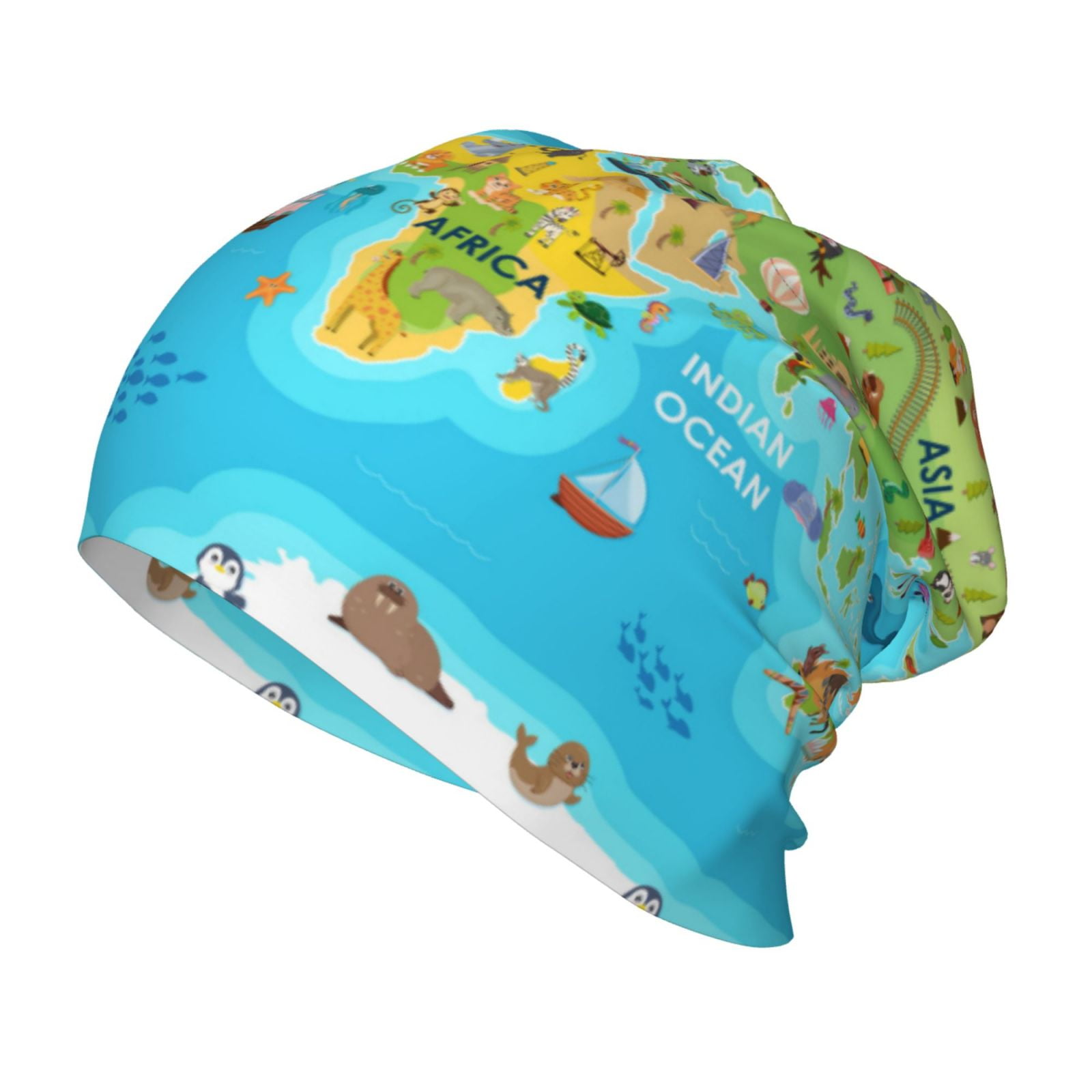 Honeii World Map With Animals Landmarks Print Kids Knit Beanie Watch ...