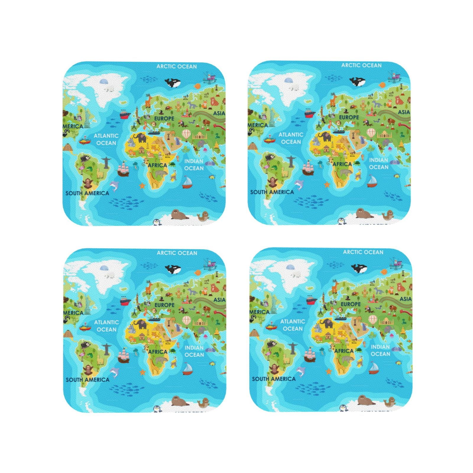 Honeii World Map With Animals Landmarks Print Leather Coaster Set of 4 ...