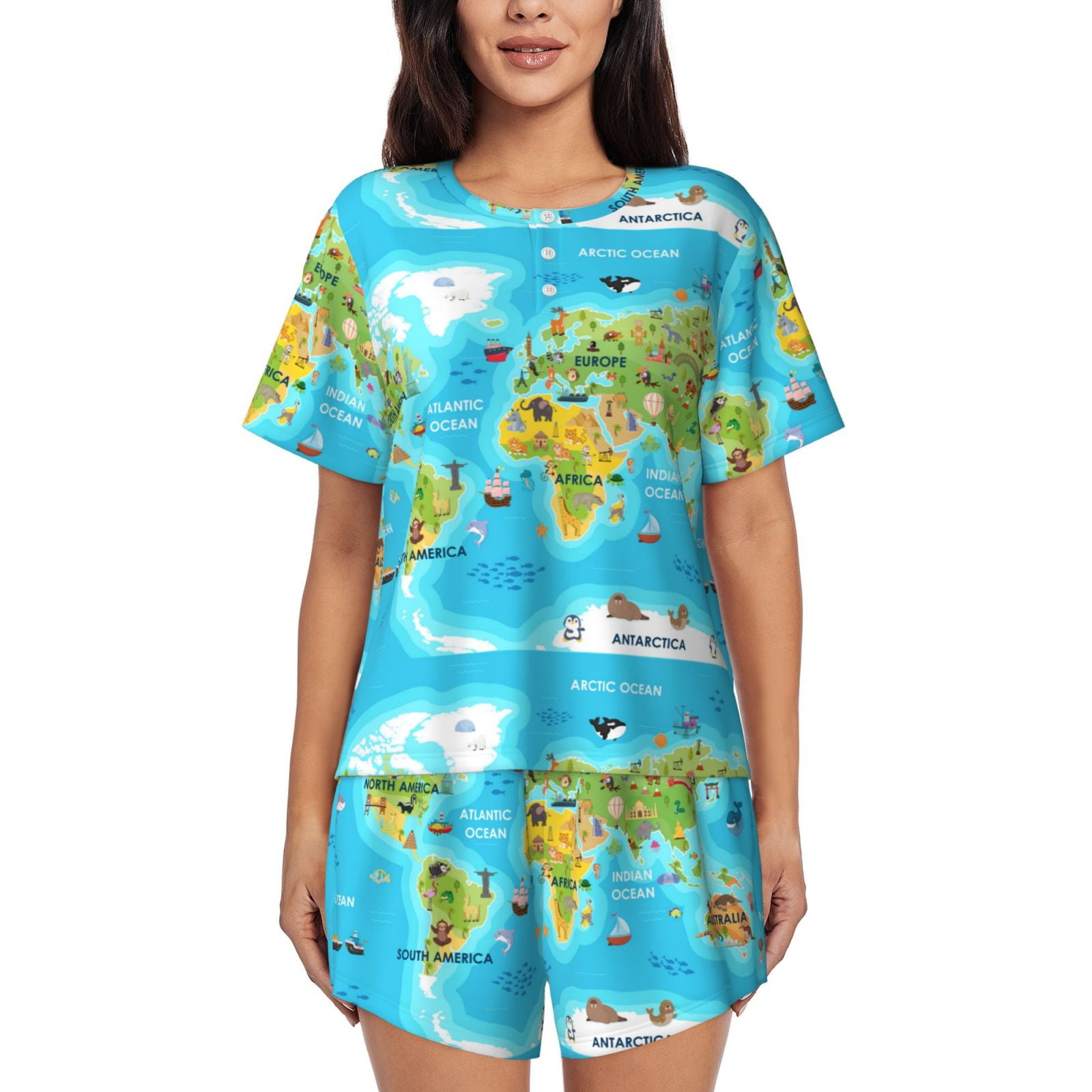 Honeii World Map With Animals Landmarks for Women's Summer Pajama Set ...