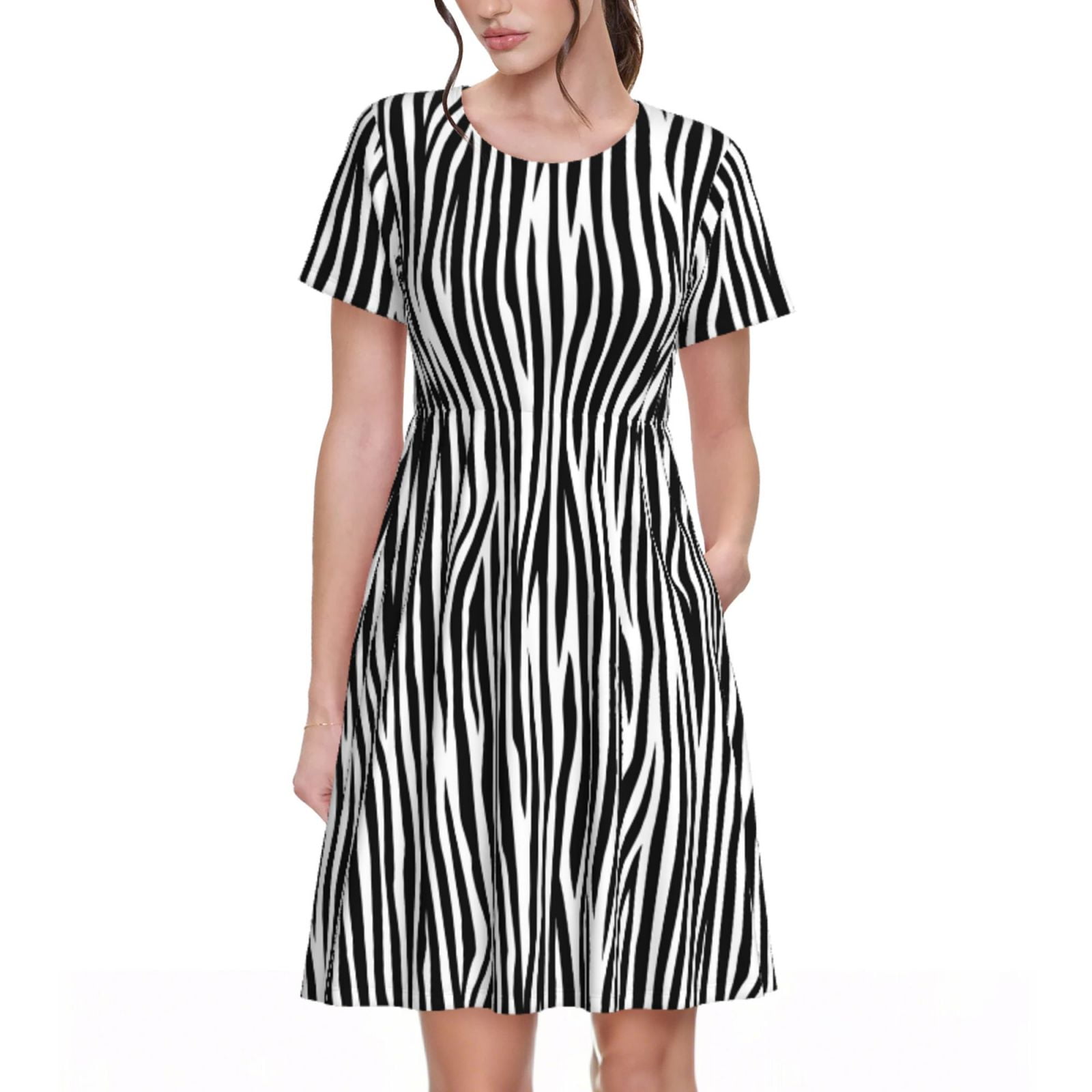 Honeii Zebra Skin Print Women’s Short Sleeve Dress, Comfortable Casual ...