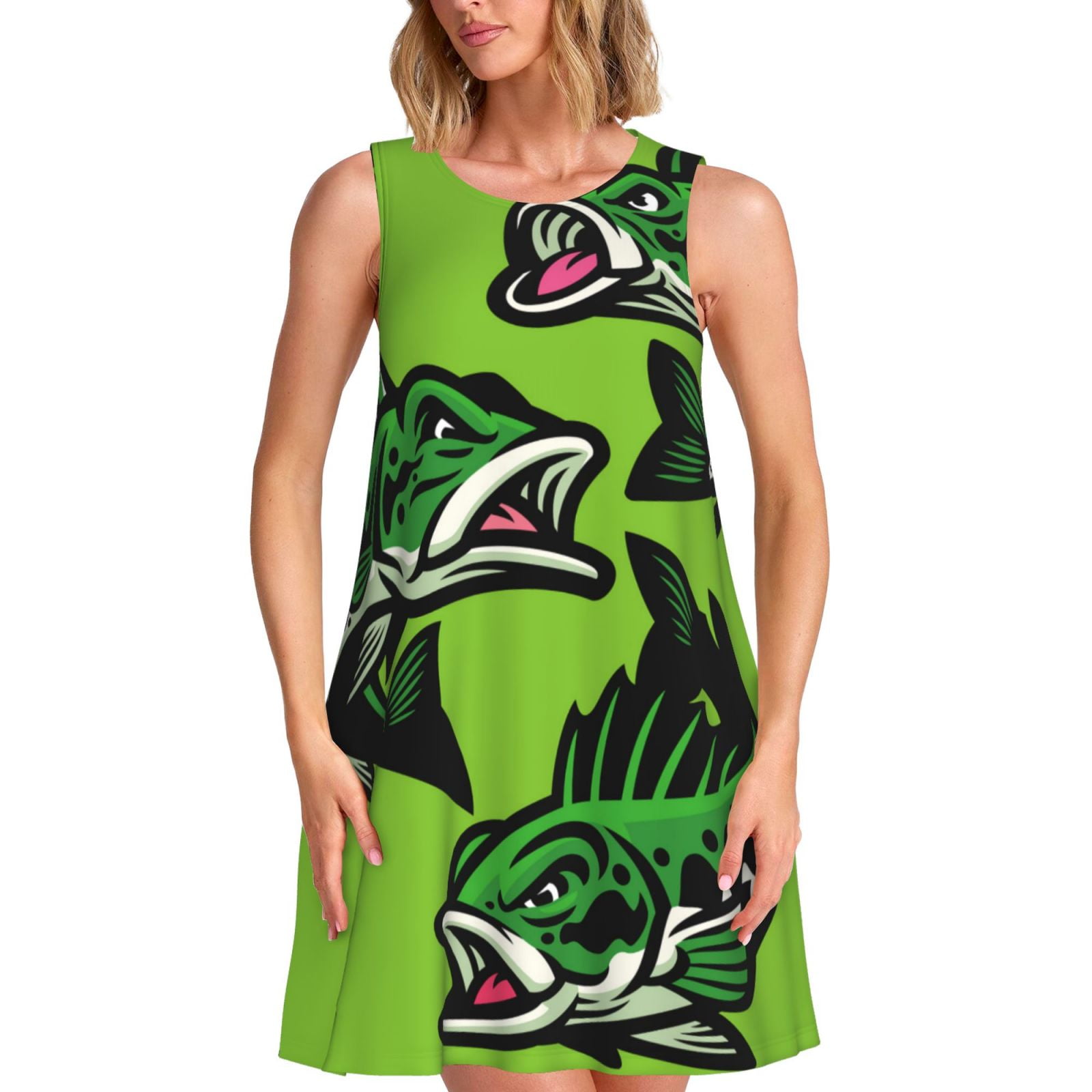 Honeii cartoon largemouth bass fish Print Women's Sleeveless Dress ...