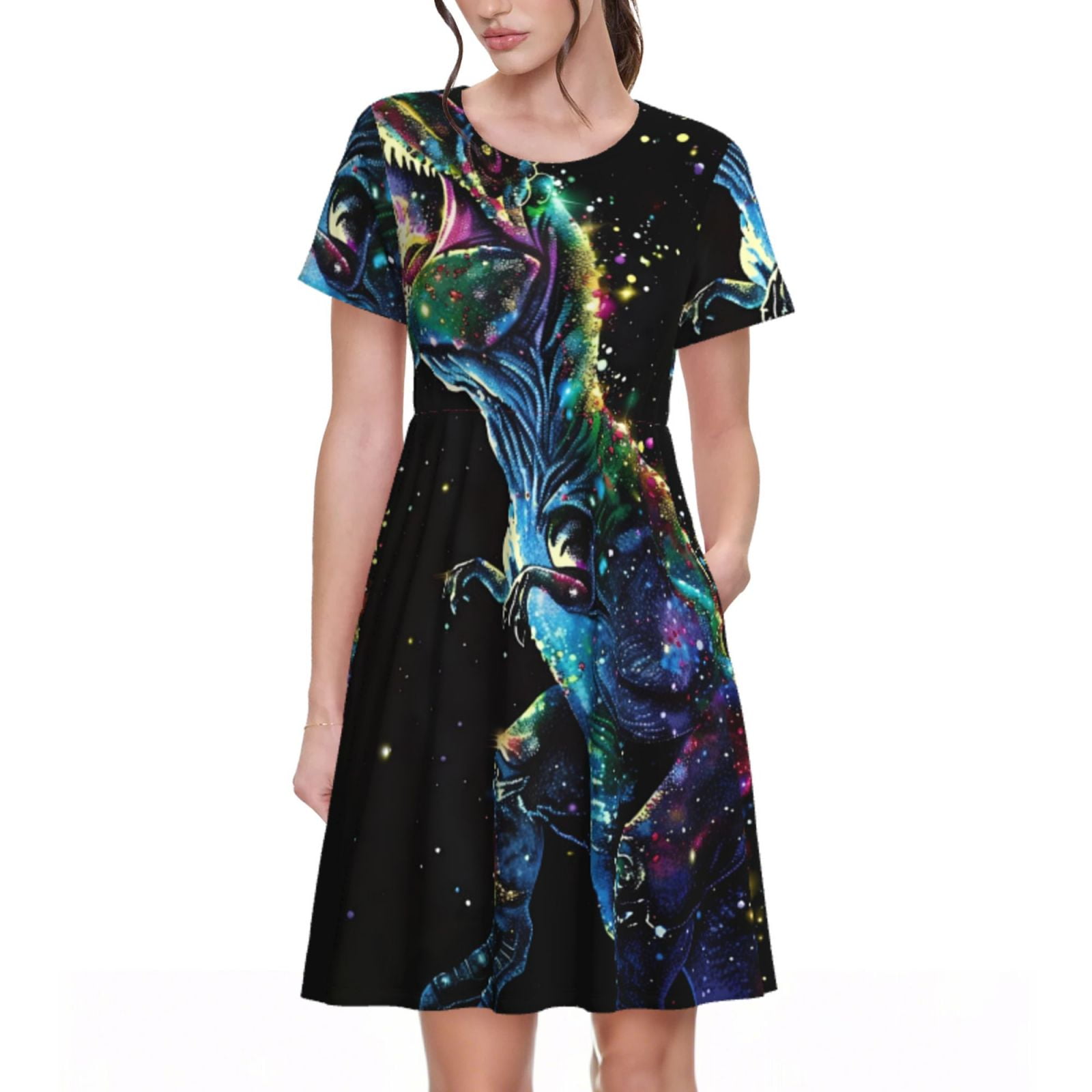 Honeii colorful flames dinosaur Print Women’s Short Sleeve Dress ...