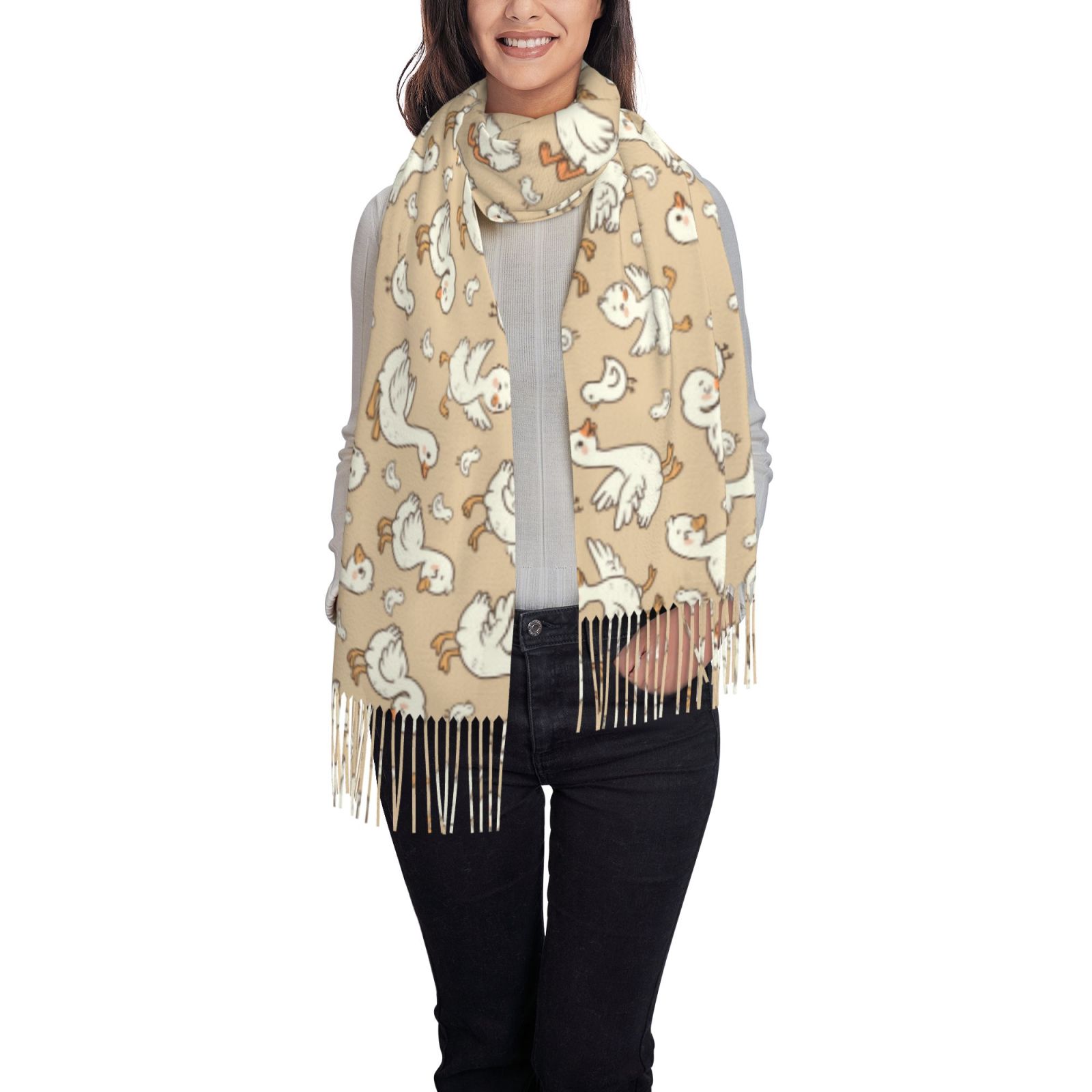 Honeii cute geese and chicks Print Scarf Oversized Scarf Tassel Fall ...
