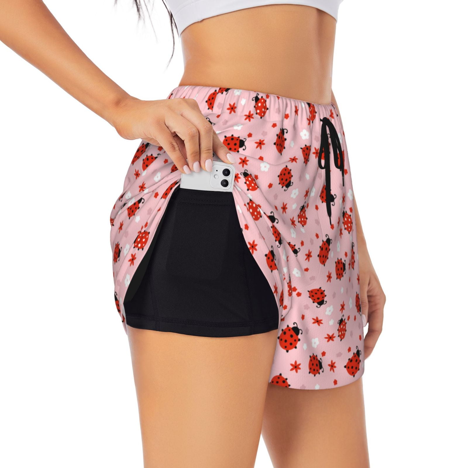 Honeii flowers and ladybugs print a double-layered women's running ...