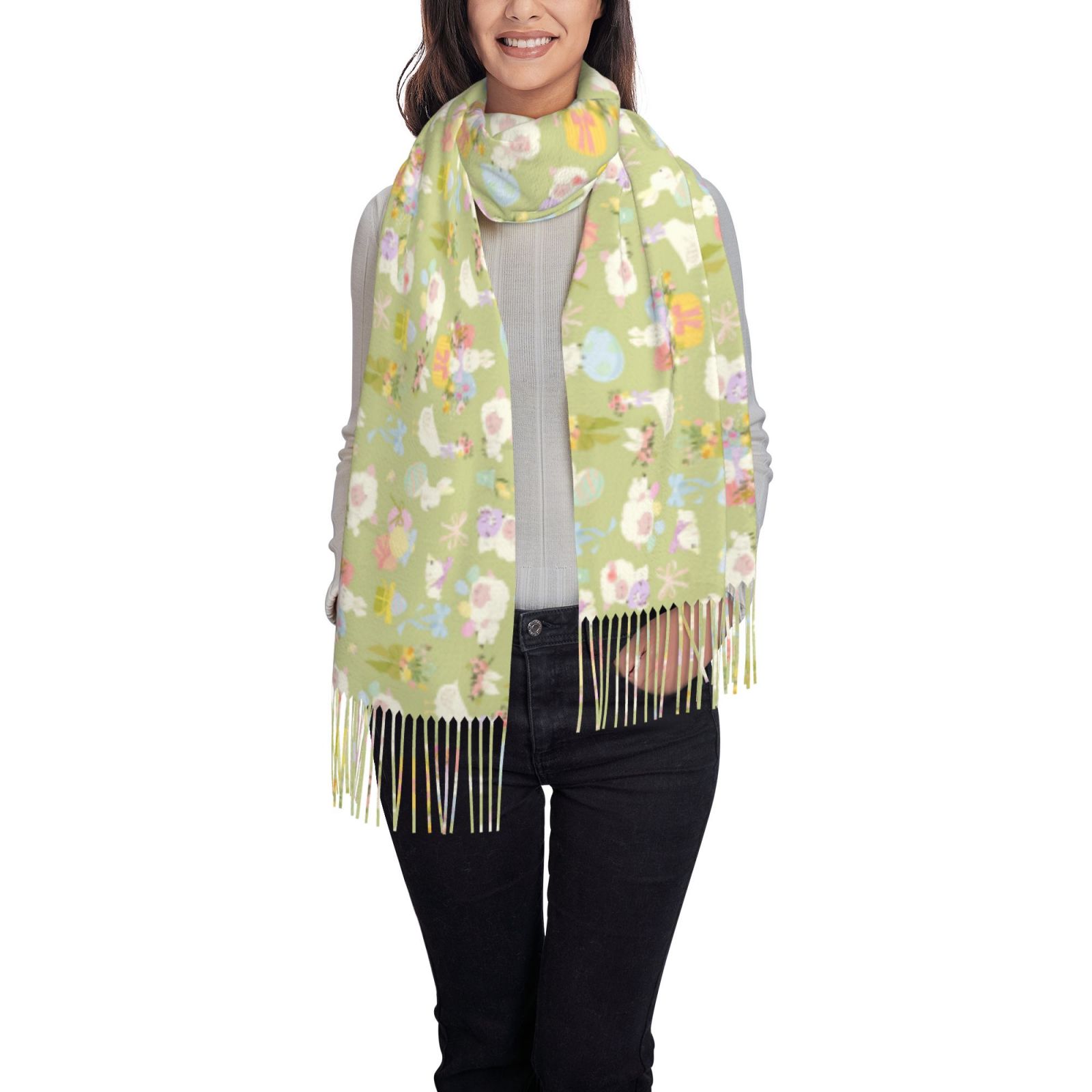 Honeii happy Easter Print Scarf Oversized Scarf Tassel Fall Winter ...
