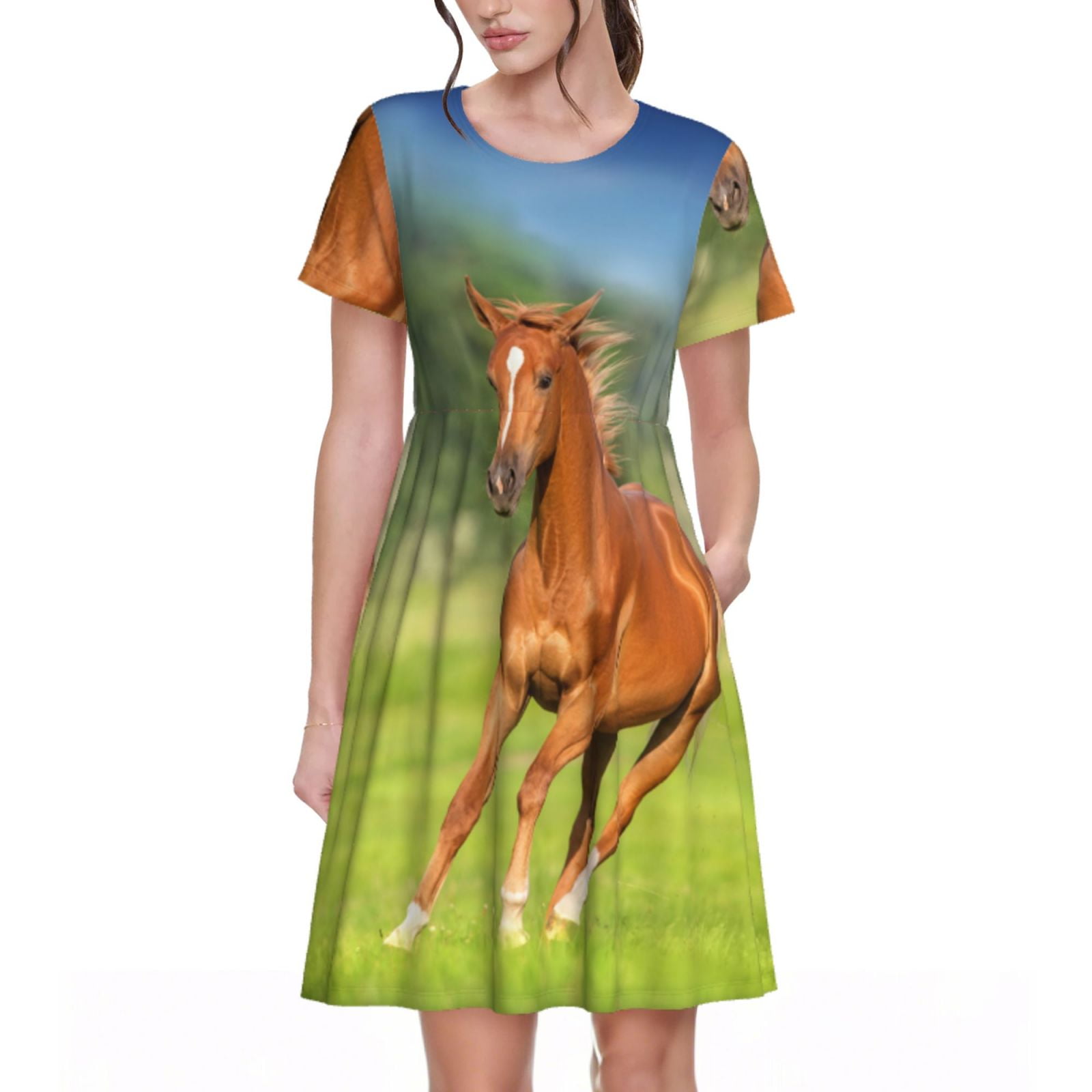 Honeii horse running freely Print Women’s Short Sleeve Dress ...