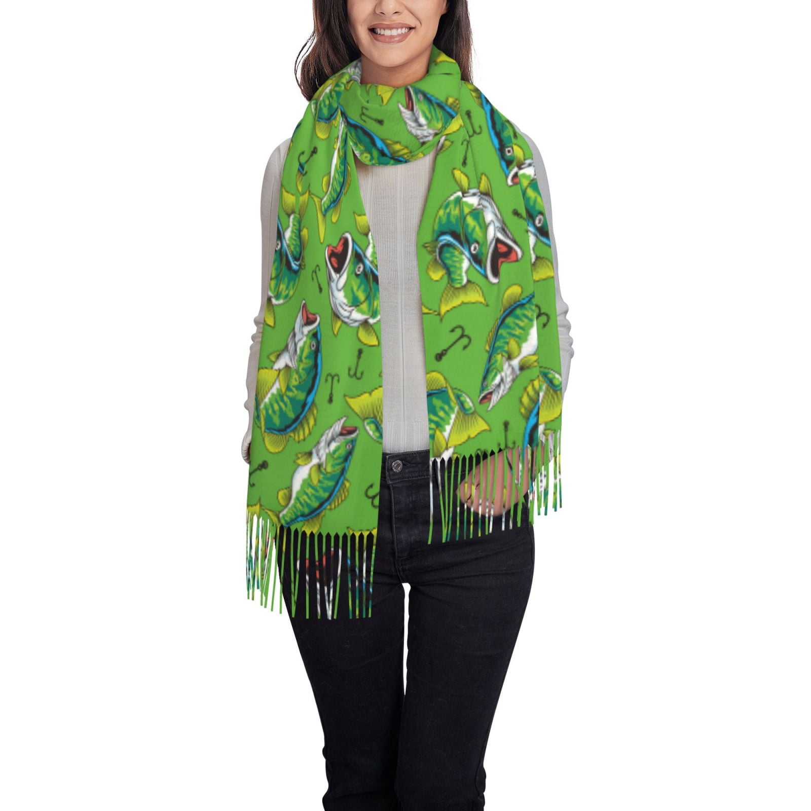 Honeii large mouth green color bass fish Print Scarf Oversized Scarf ...