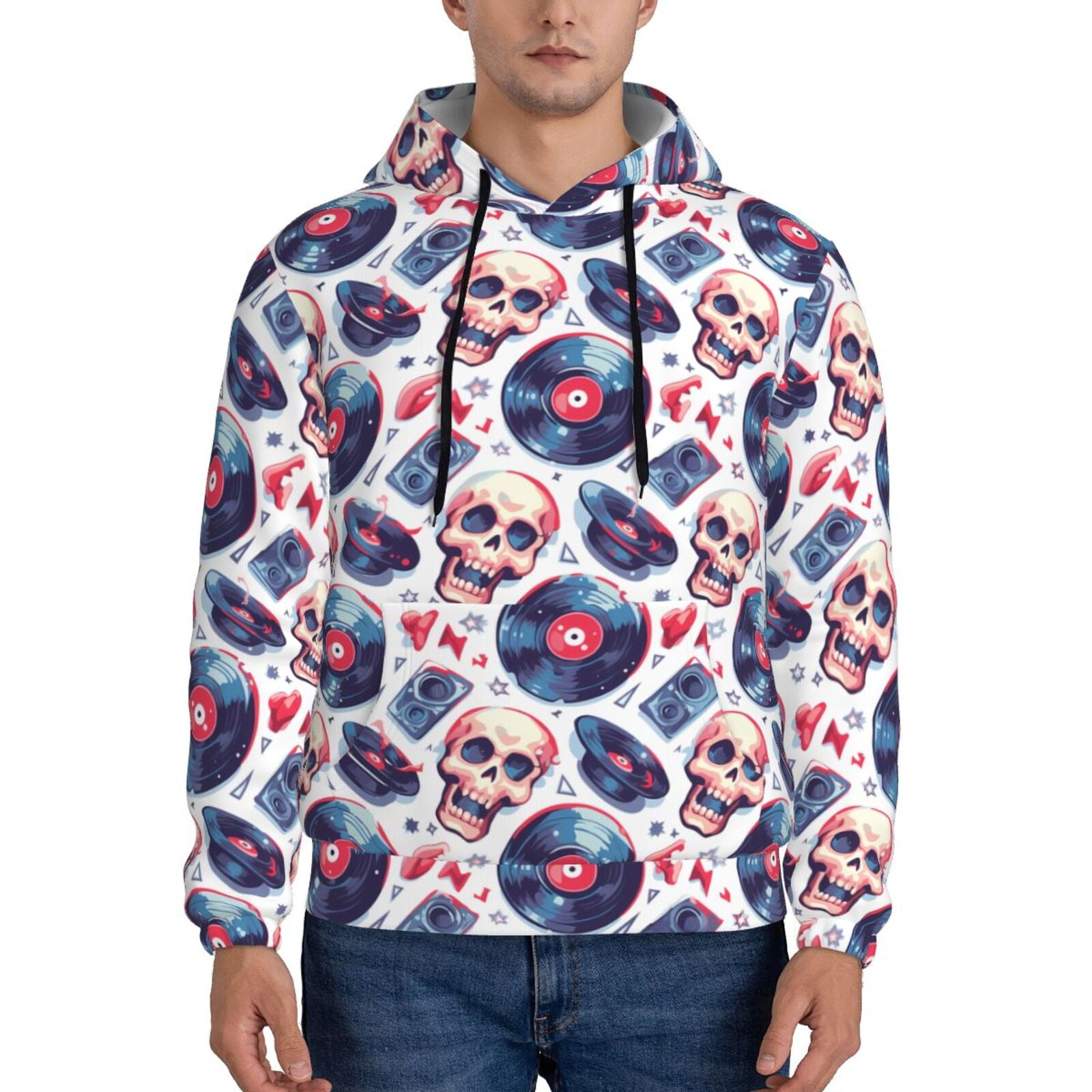 Honeii record rock music Skull Pattern Mens Hoodies Men's Loose Sleeve ...