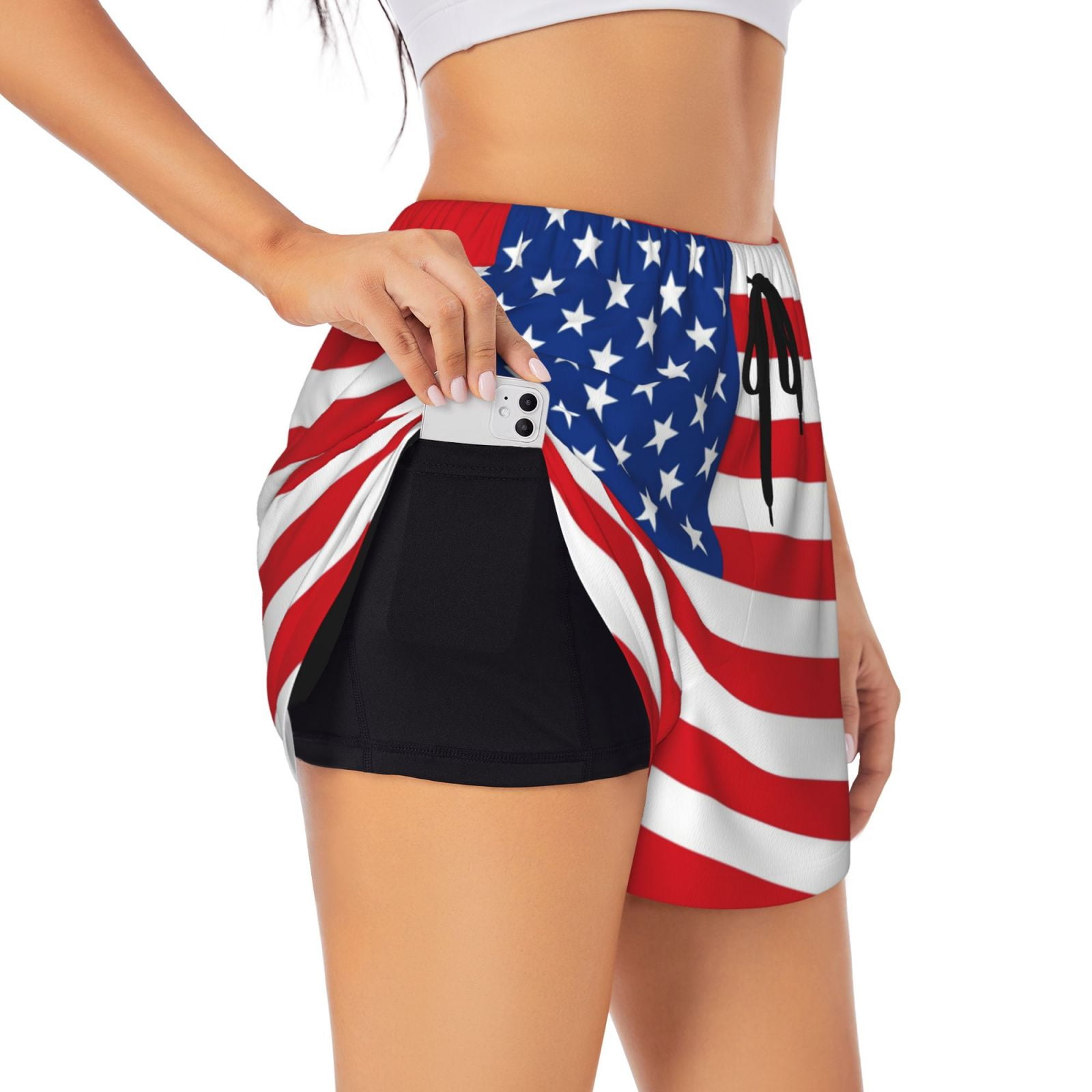 Honeii America Flags3 print a double-layered women's running short ...