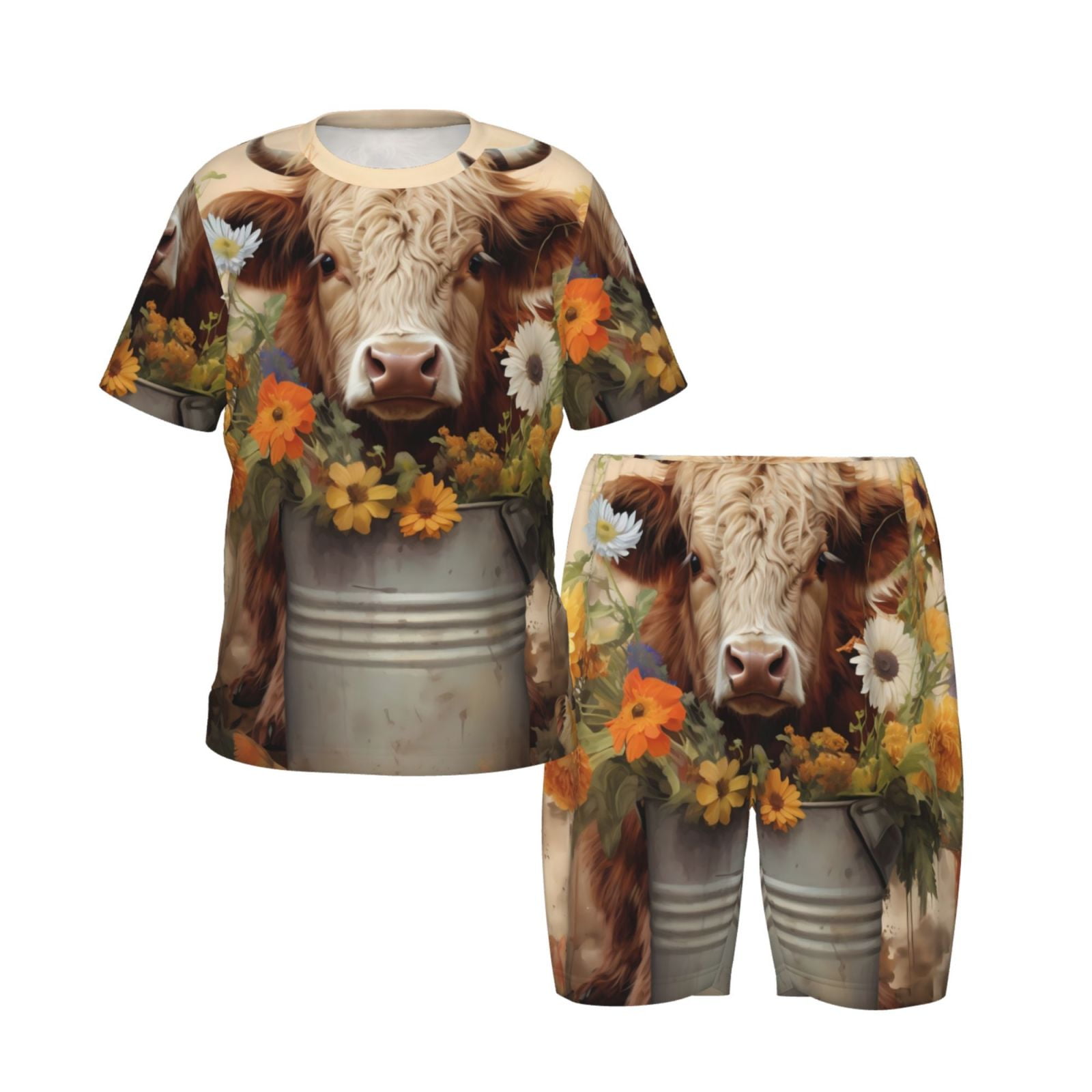 Honeii's Bucket Flower Cow Print Short-Sleeved Summer Pajama Set, a ...