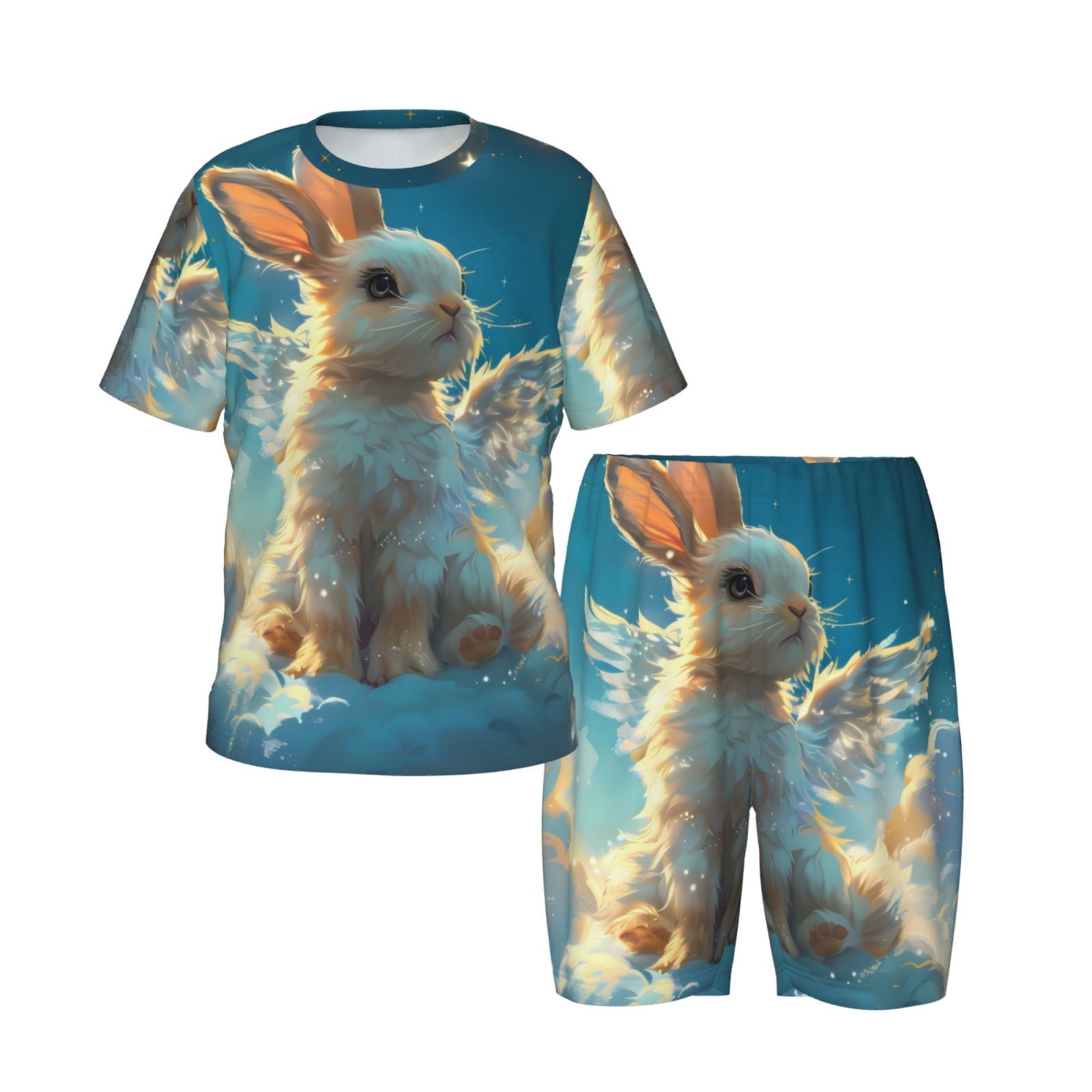 Honeii's Cute Angel Winged Rabbit Print Short-Sleeved Summer Pajama Set ...