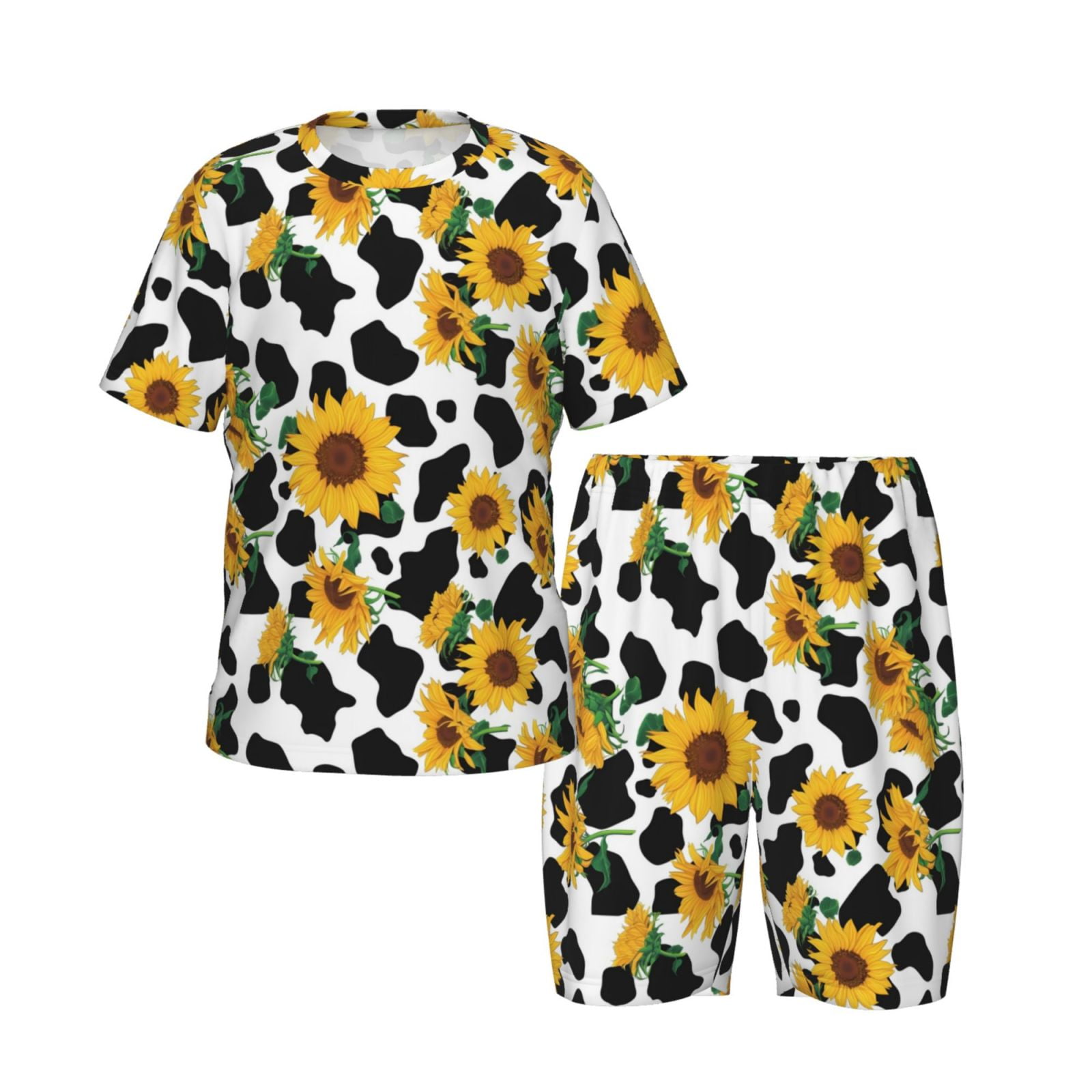 Honeii's Cute Cow Print Sunflower A Print Short-Sleeved Summer Pajama ...