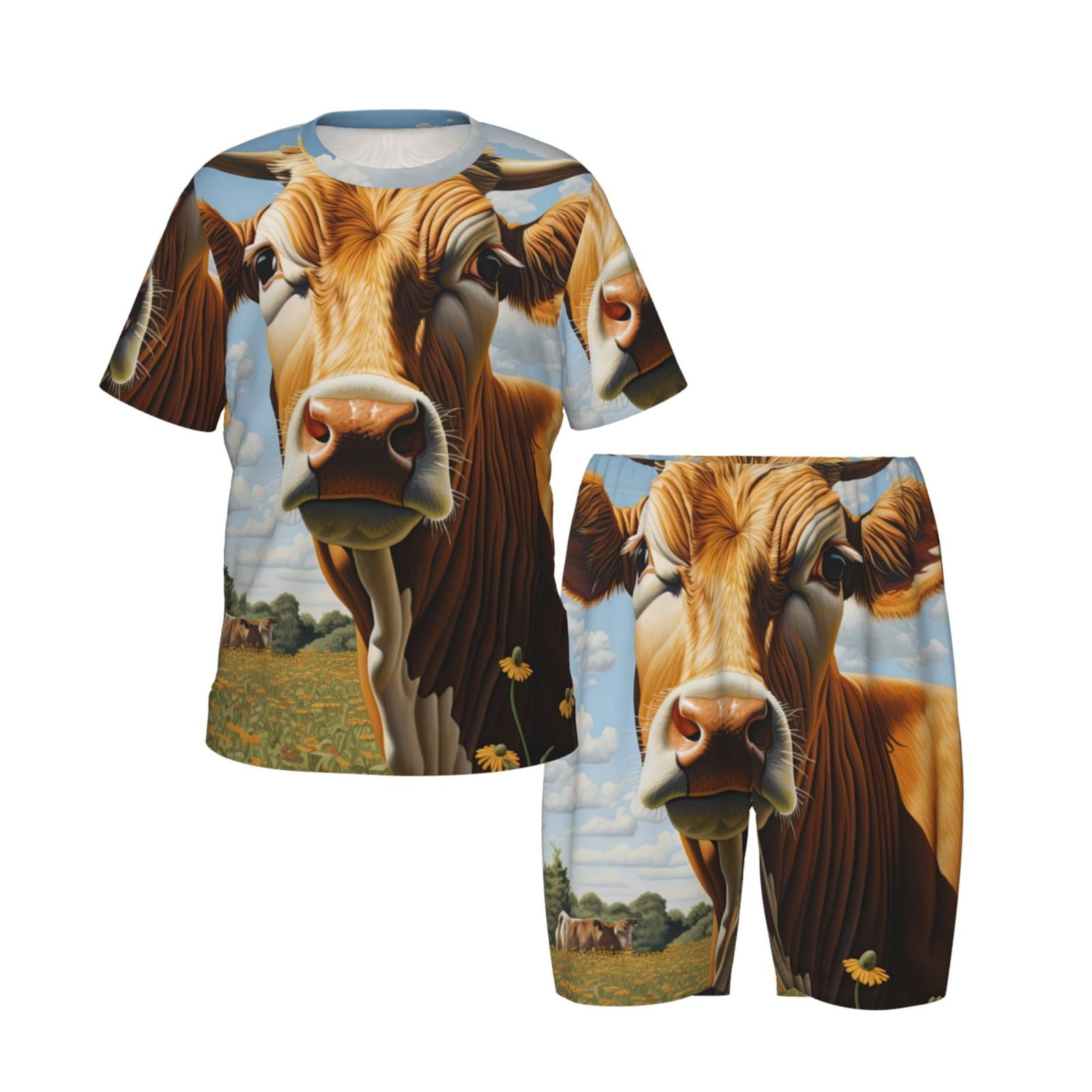 Honeii's Daisy Flower Field Cow Print Short-Sleeved Summer Pajama Set ...