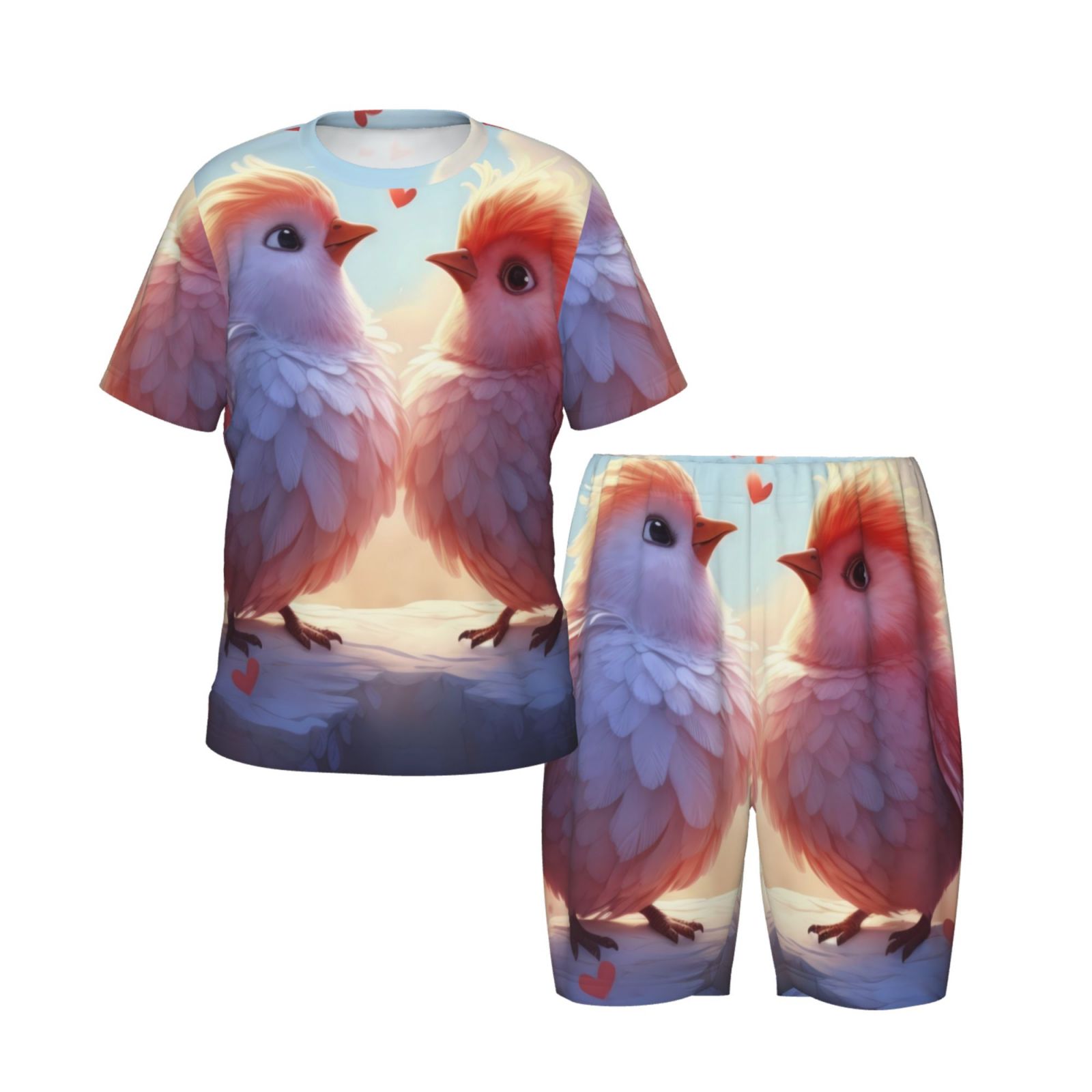 Honeii's Heart Sky Bird Couple Print Short-Sleeved Summer Pajama Set, a ...