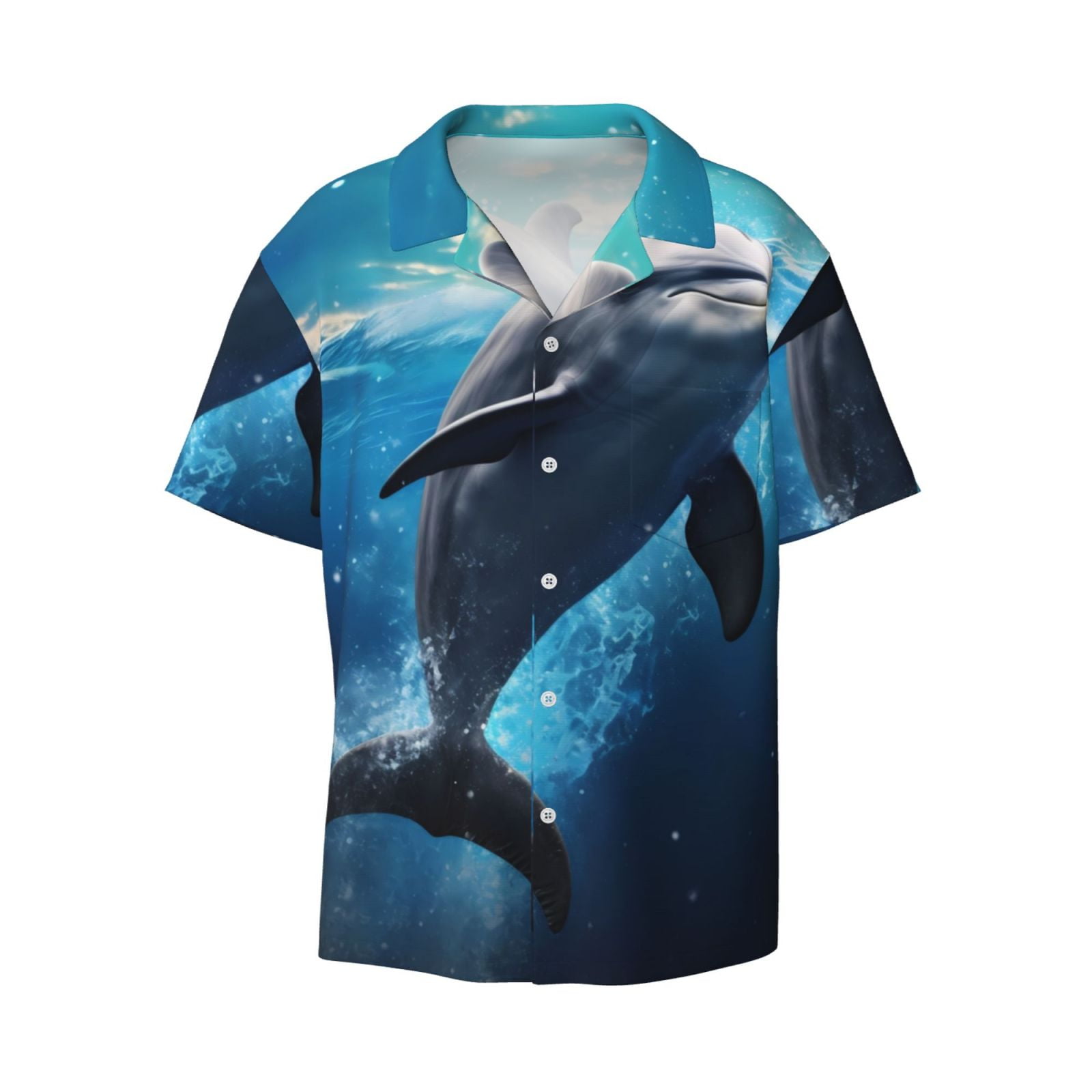 Honeii 's Ice Blue Ocean Cute Dolphin for men's short-sleeved button-up ...