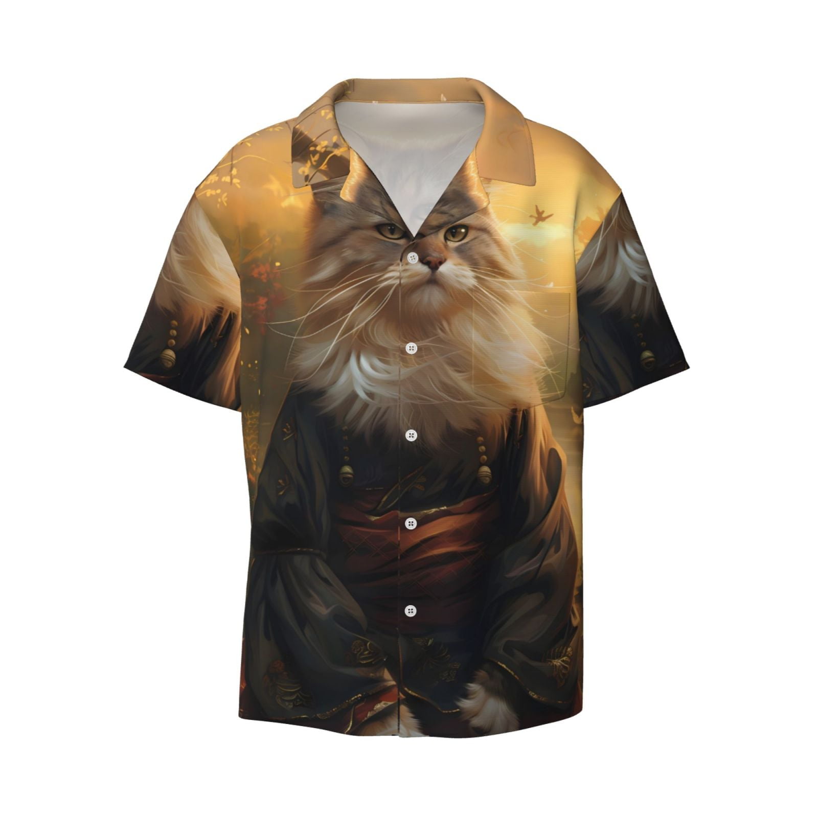 Honeii 's Lakeside Flower Field Cat for men's short-sleeved button-up ...