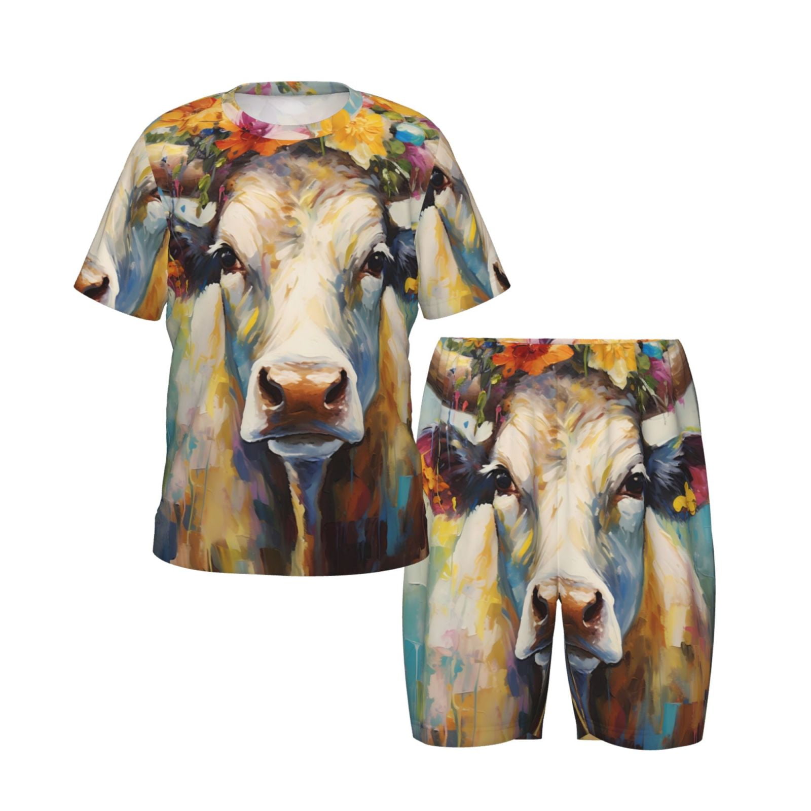 Honeii's Oil Painting Flower Cow Print Short-Sleeved Summer Pajama Set ...