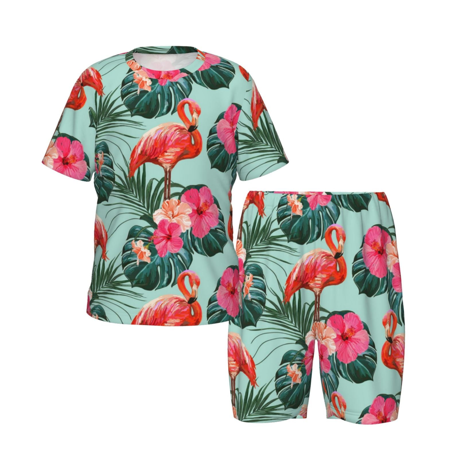 Honeii's Palm Leaves Flamingo Print Short-Sleeved Summer Pajama Set, a ...