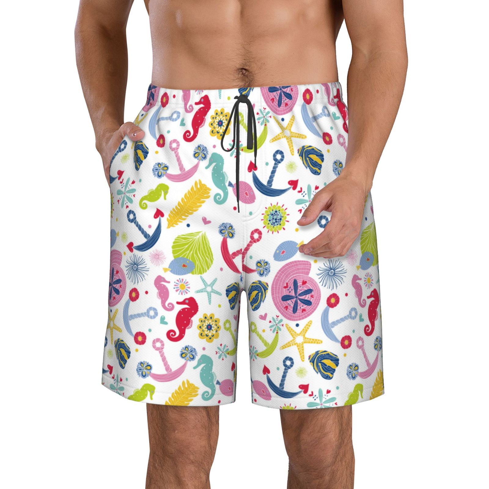 Honeii's Undersea Seahorse Print Men's Casual Shorts with Drawstring ...