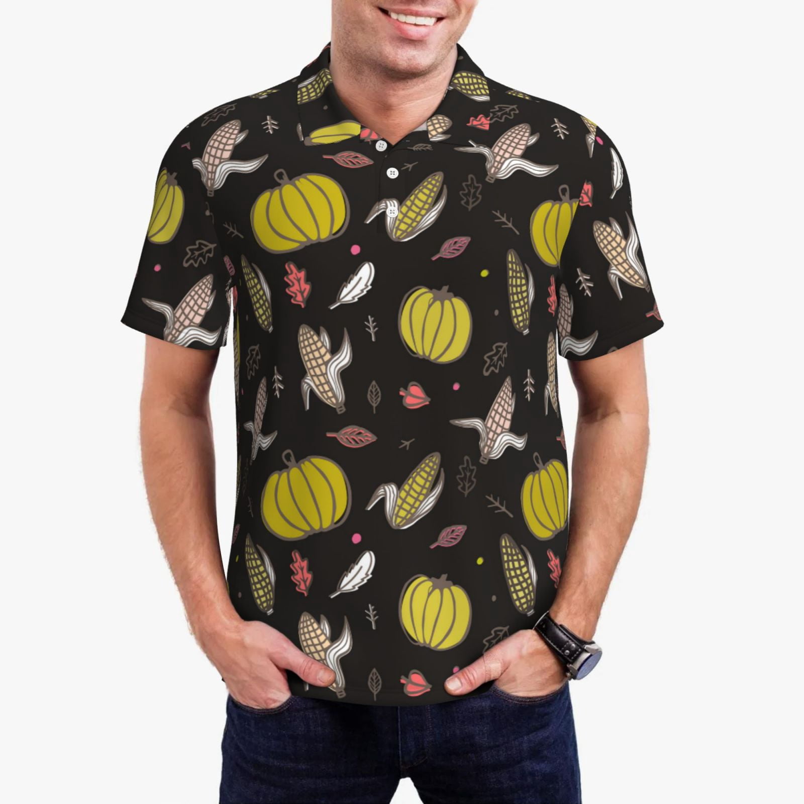 Honeii yellow Pumpkin Corn Print Polo Shirt, A Classic Short-Sleeved ...