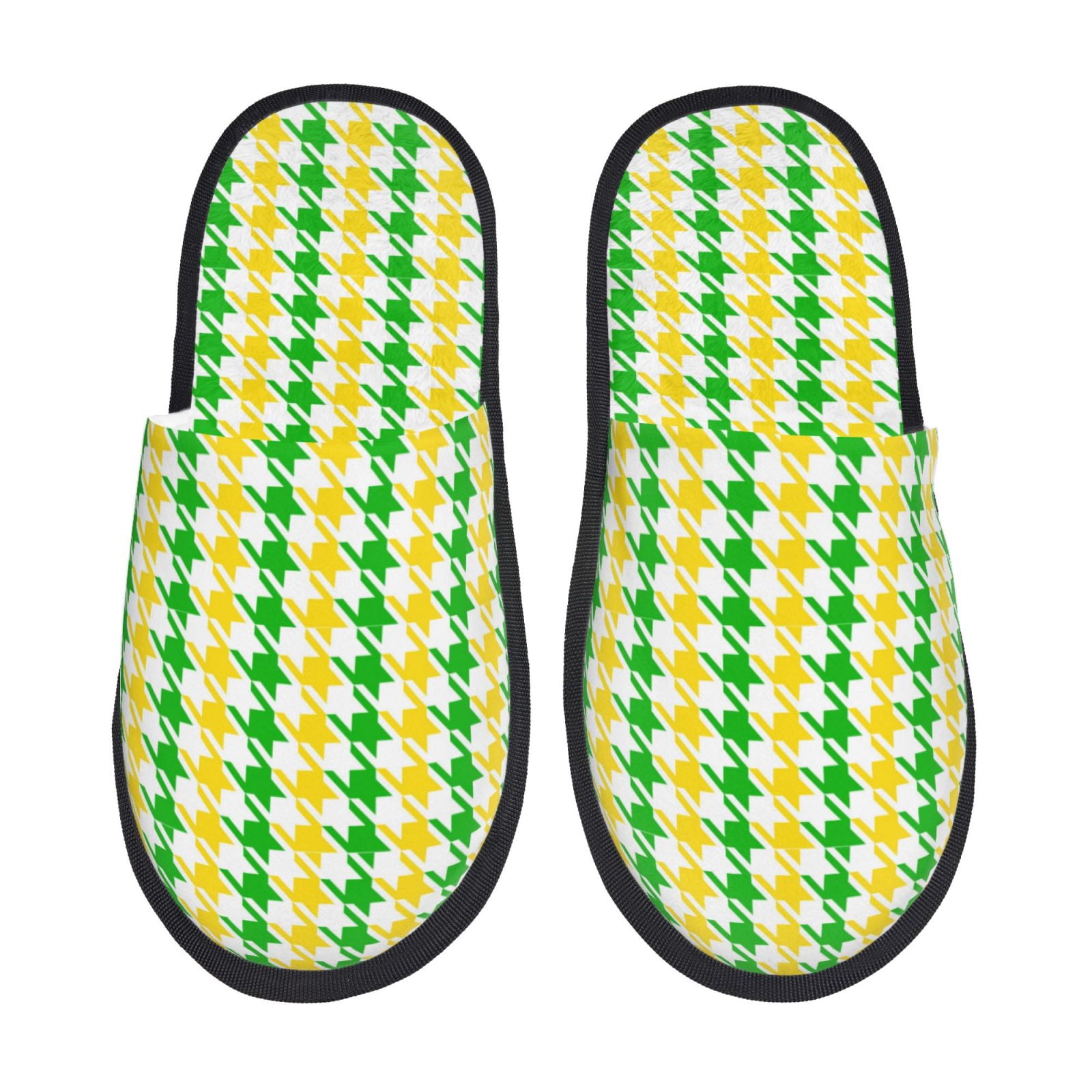 Honeii yellow and green houndstooth Print Furry Slippers Bedroom ...