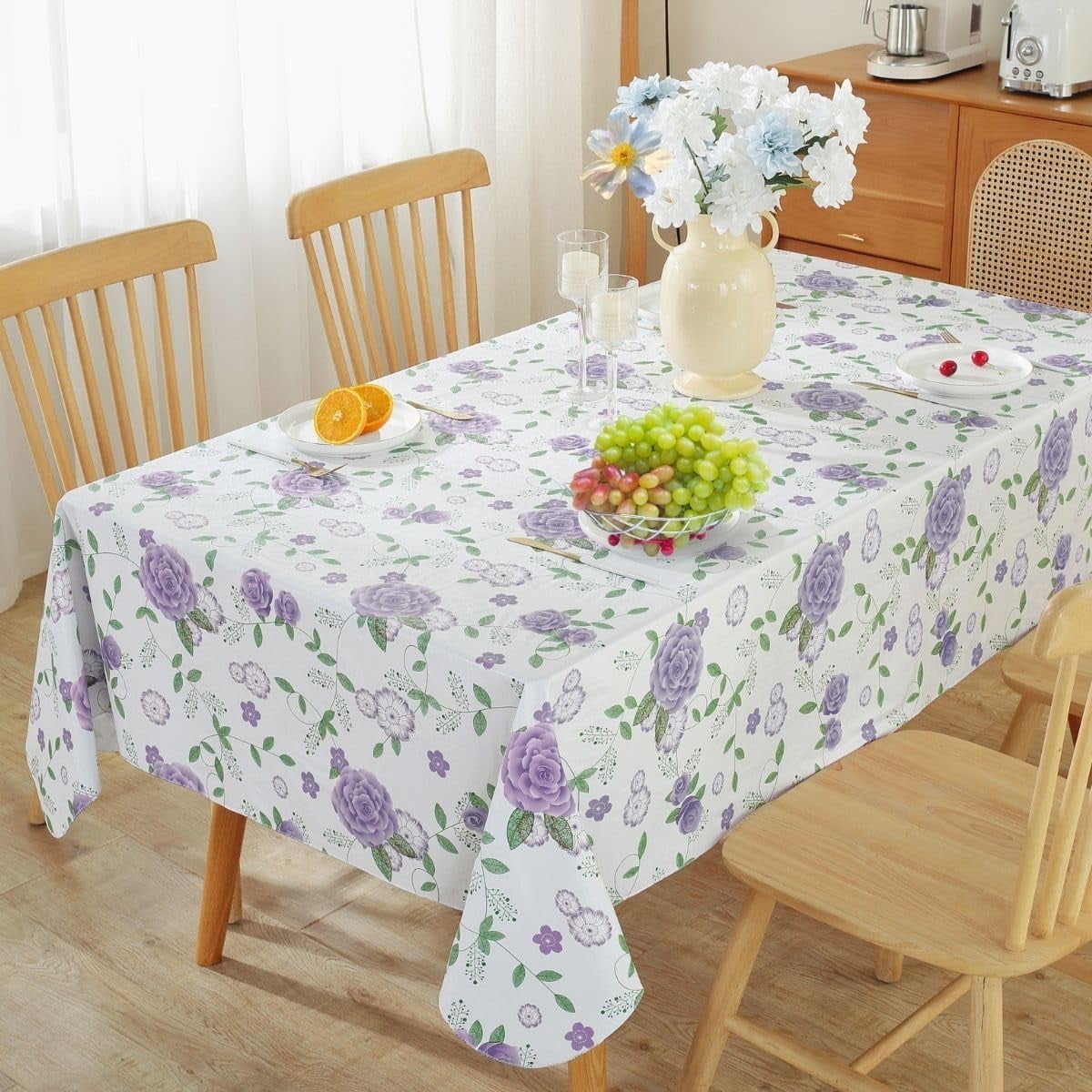 Honellaty Floral Tablecloth with Flannel Backing, Spring Vinyl ...