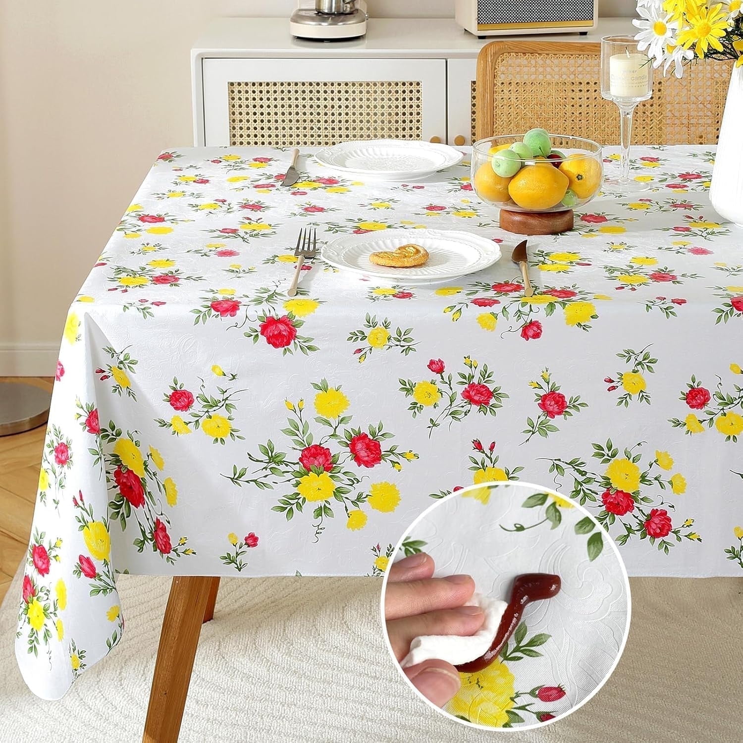 Honellaty Vinyl Spring Summer Tablecloth with Flannel Backing ...