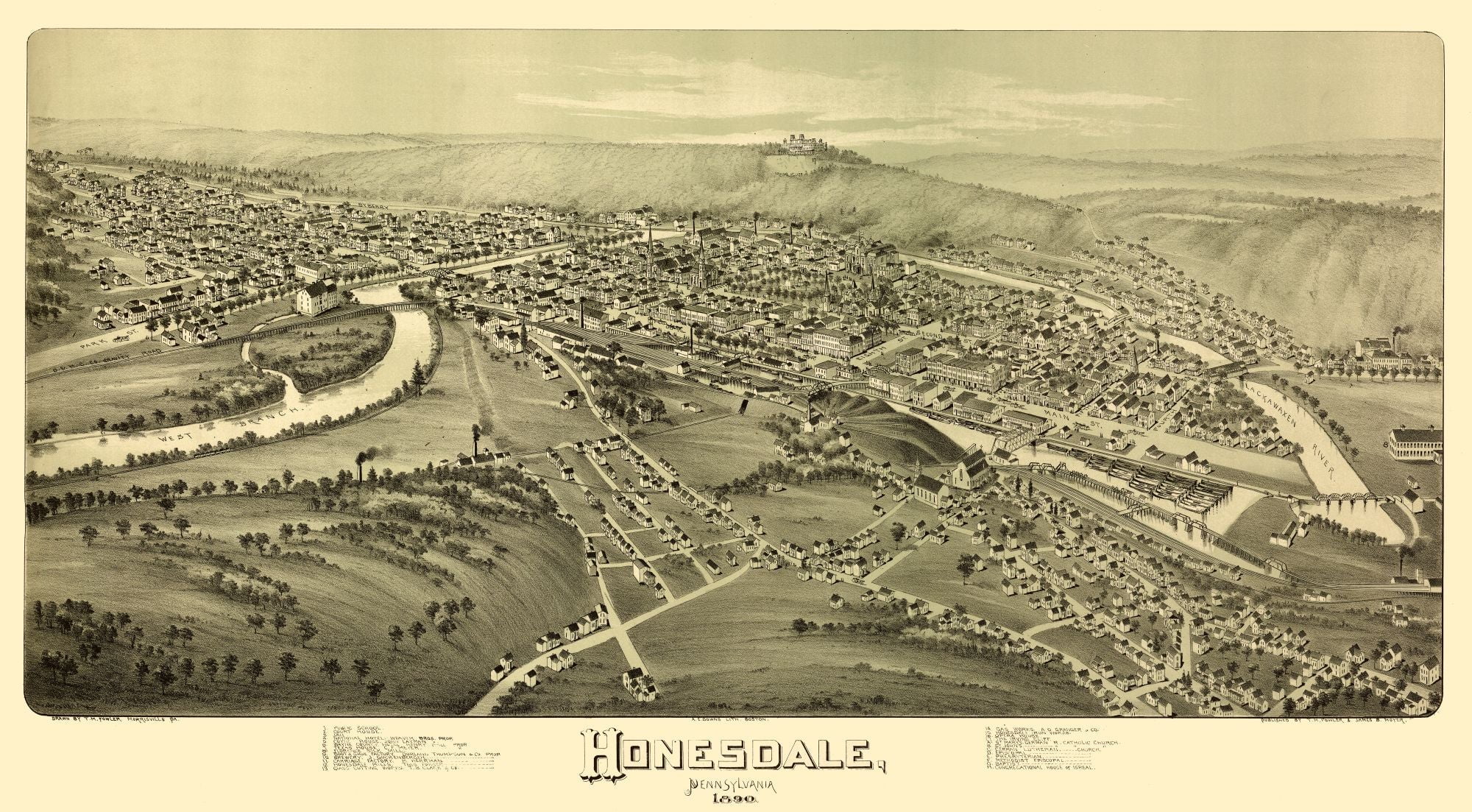 Historic Panoramic View - Honesdale Pennsylvania - Fowler 1890 - 41.70 ...