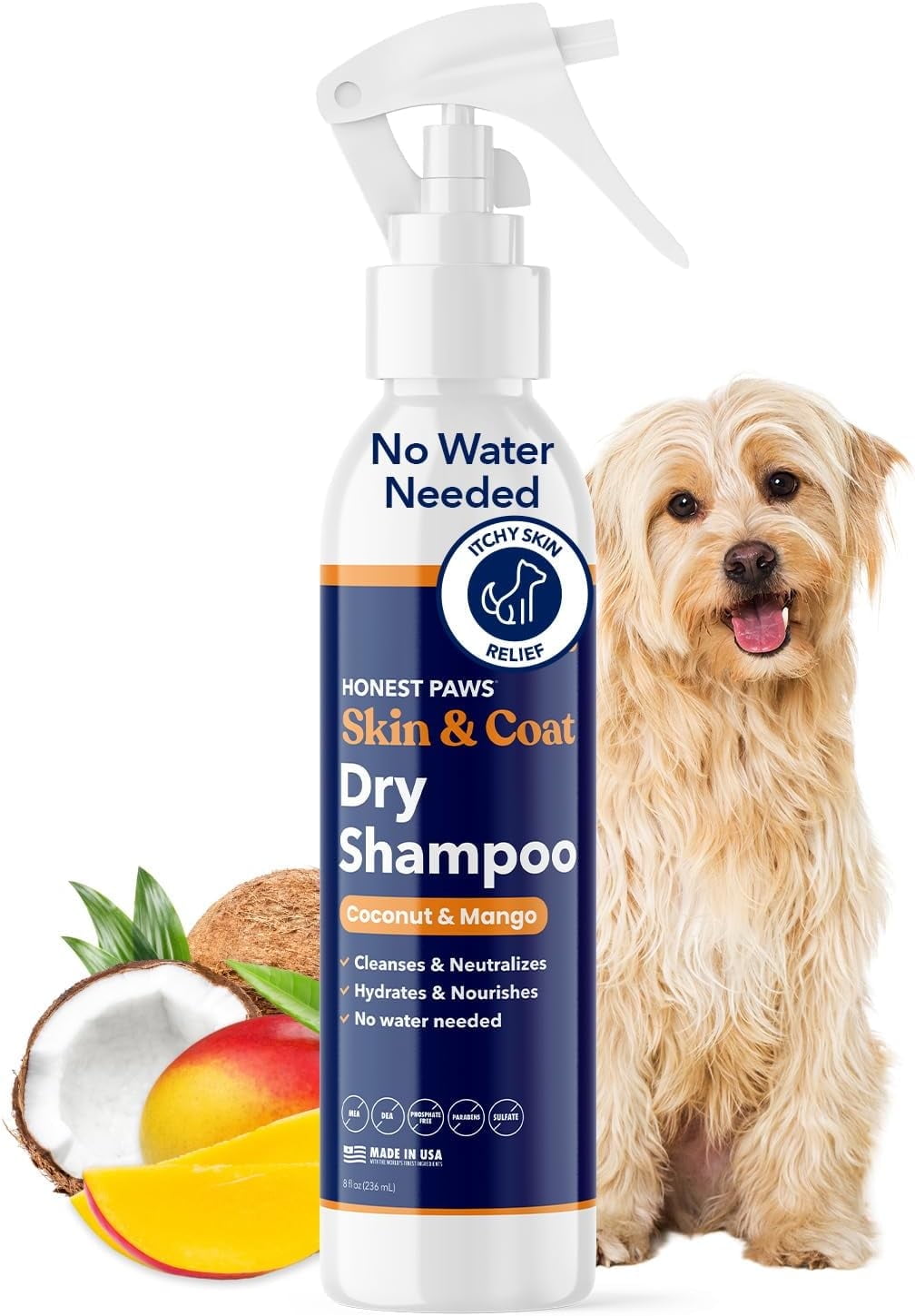 Honest Paws Dog Dry Shampoo, Waterless Shampoo, 8 oz Coconut & Mango ...