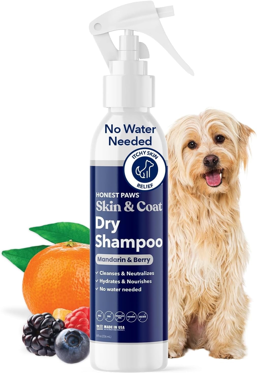 Honest Paws Dog Dry Shampoo, Waterless Shampoo, 8 oz Mandarin & Berry ...