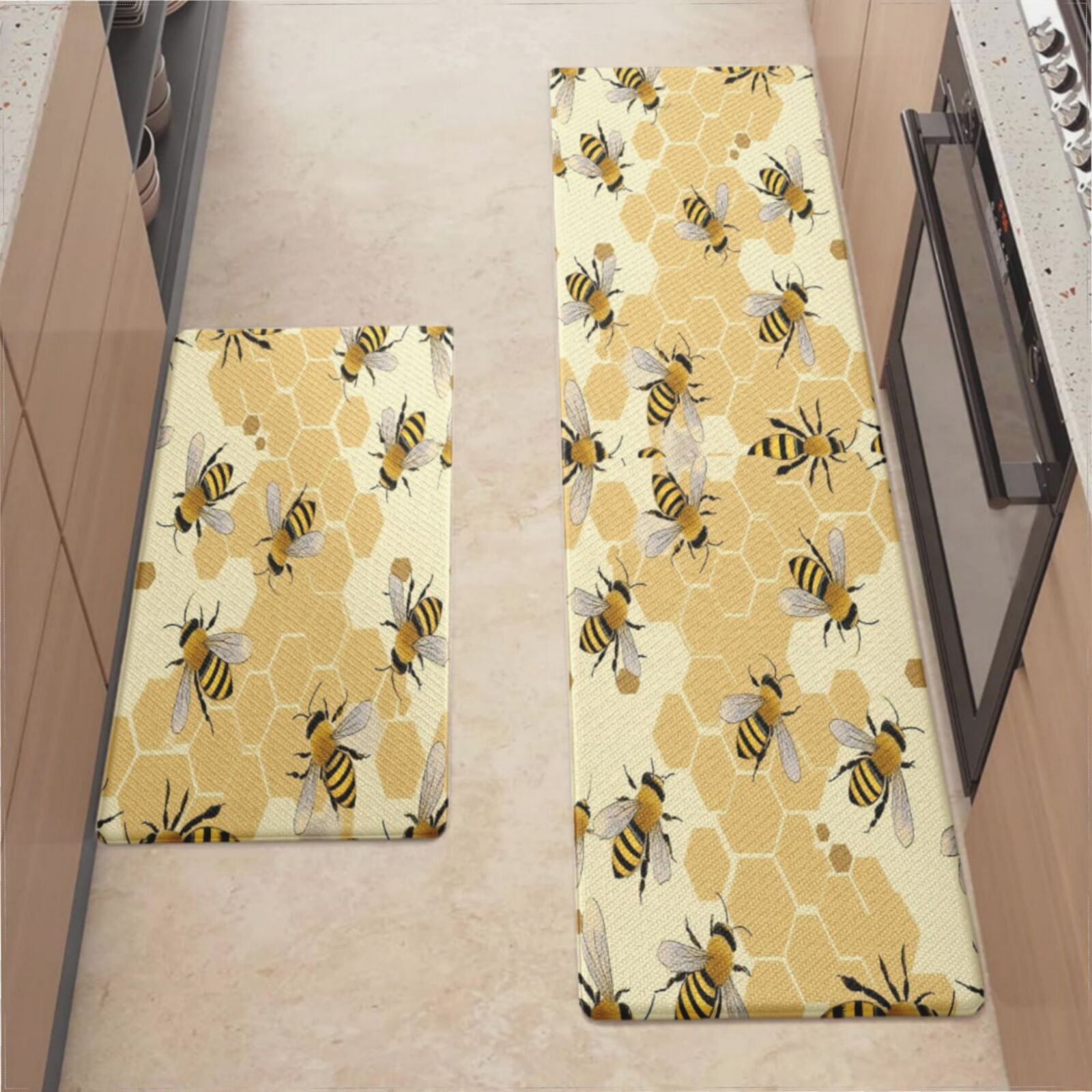 Honey Bee Bee Honeycomb Pattern Pvc Kitchen Mat Runner 2 Pieces Non ...