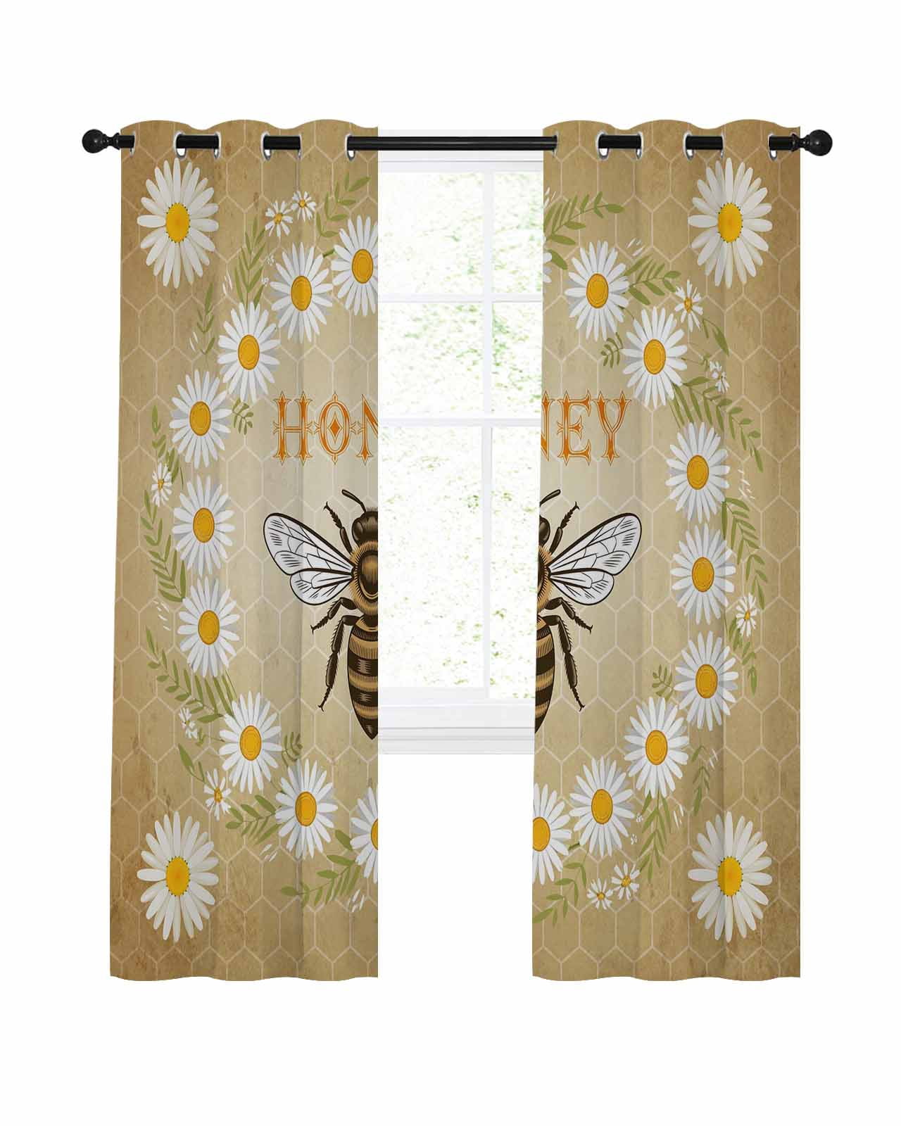 Honey Bee Blackout Curtains 45 Inch Length Vintage White Daisy Wreath ...