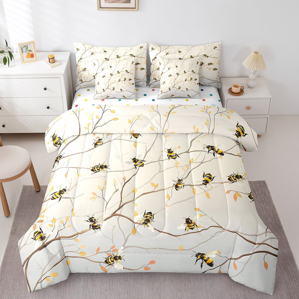 Honey Bee Comforter Set Queen,Yellow Leaves Bedding Set Teens,Cute Bee ...