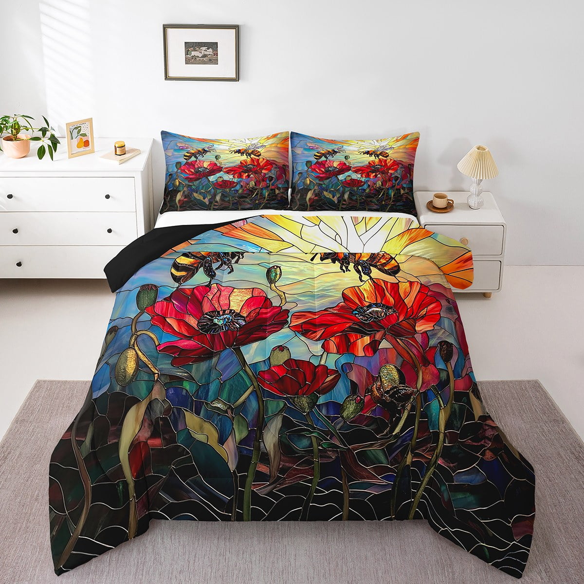 Honey Bee Comforter Set,Red Poppy Flowers Rustic Garden Botanical ...