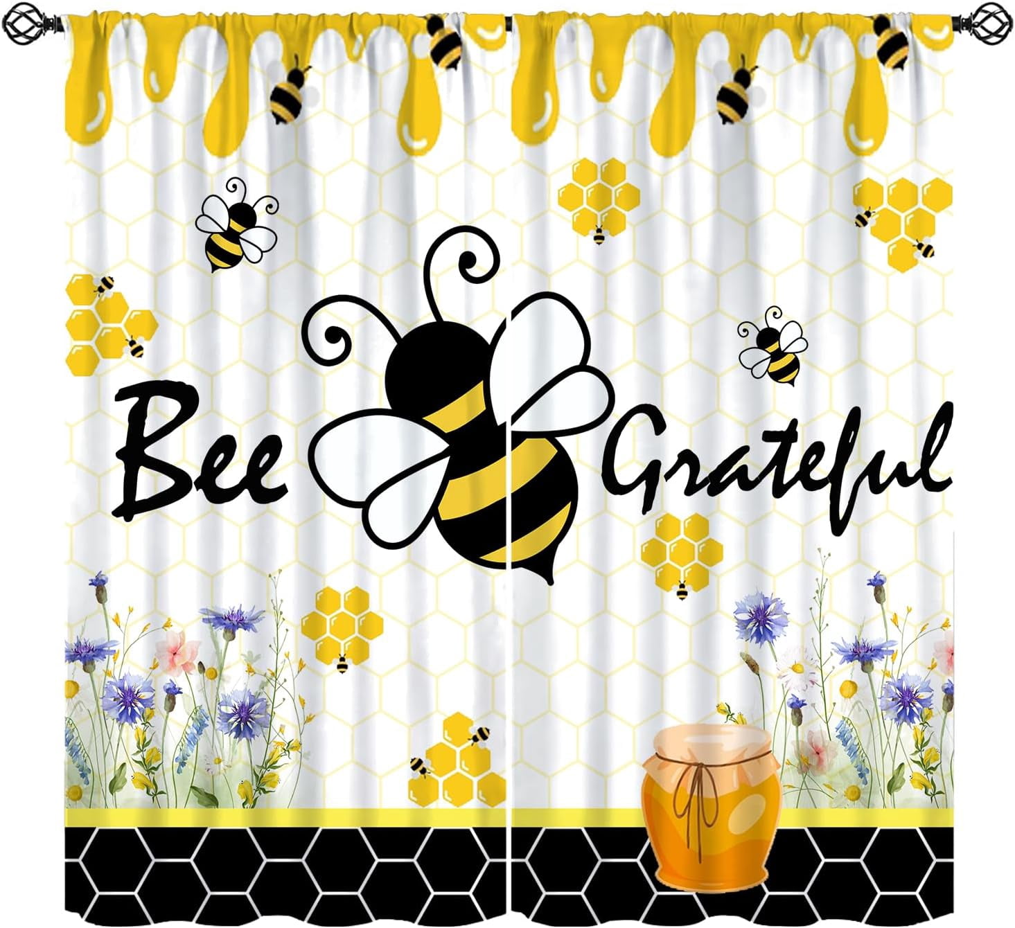 Honey Bee Curtains for Kids, Bees Spring Flower Yellow Black Honeycombs ...