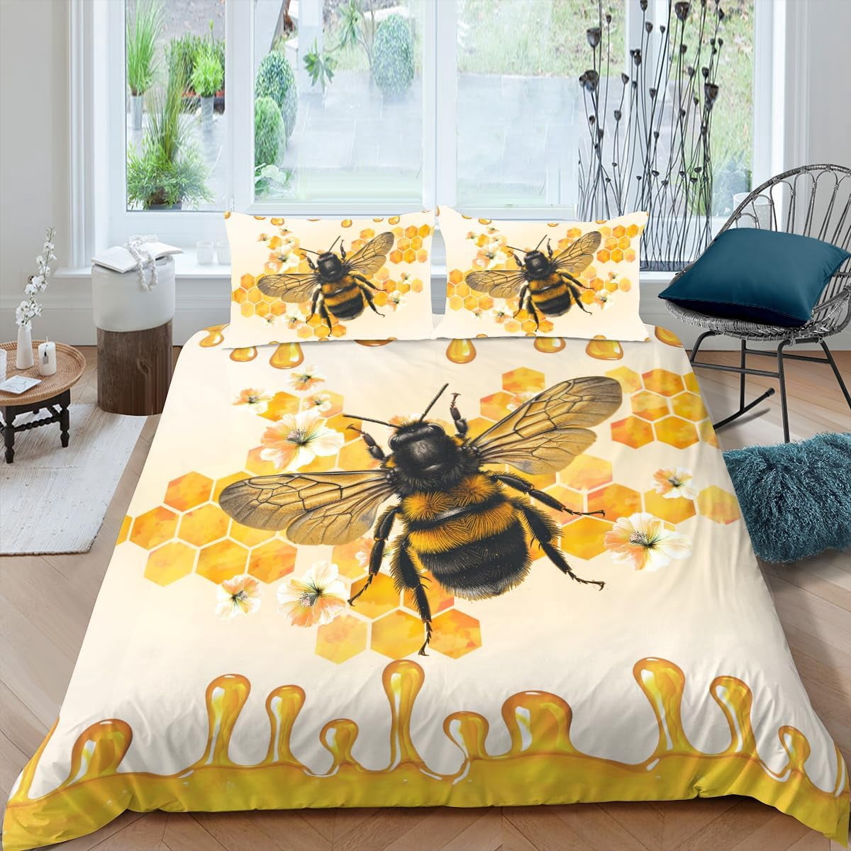 Honey Bee Duvet Cover Hexagon Comforter Cover Yellow Beehive Floral ...