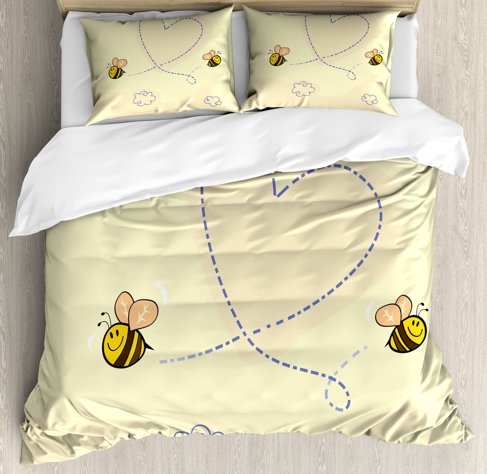 Honey Bee Duvet Cover Set, Buzzing Flies Forming a Heart Drawn by Hand ...