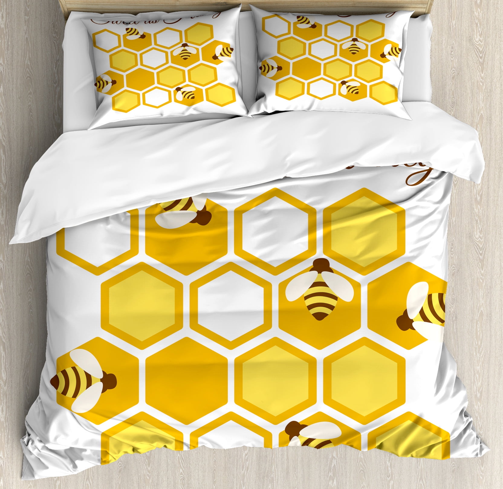 Honey Bee Duvet Cover Set, Cursive Calligraphy and Beehive Hexagons ...