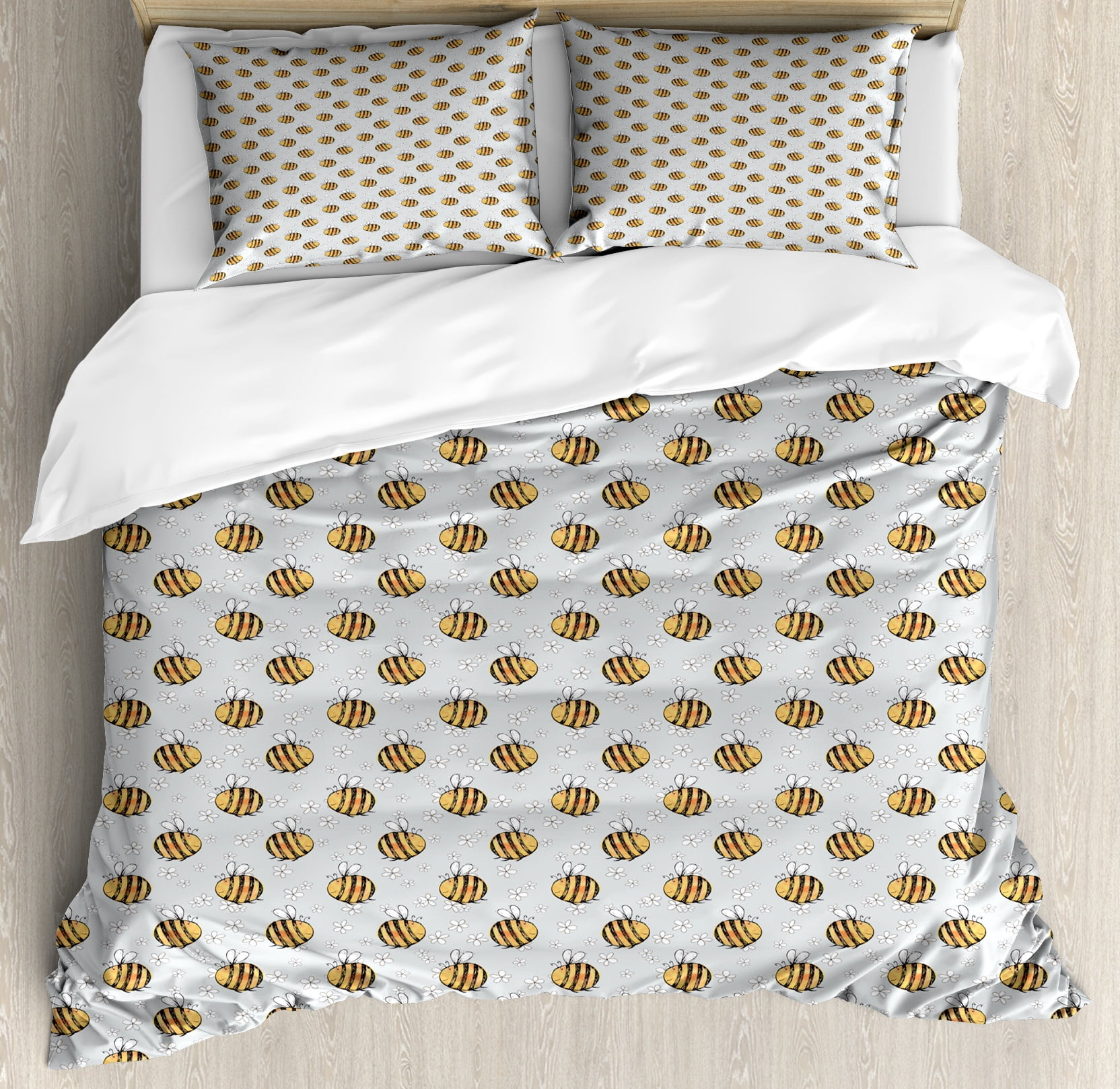 Honey Bee Duvet Cover Set, Funny Sketchy Style Hand Drawn Floral Spring ...